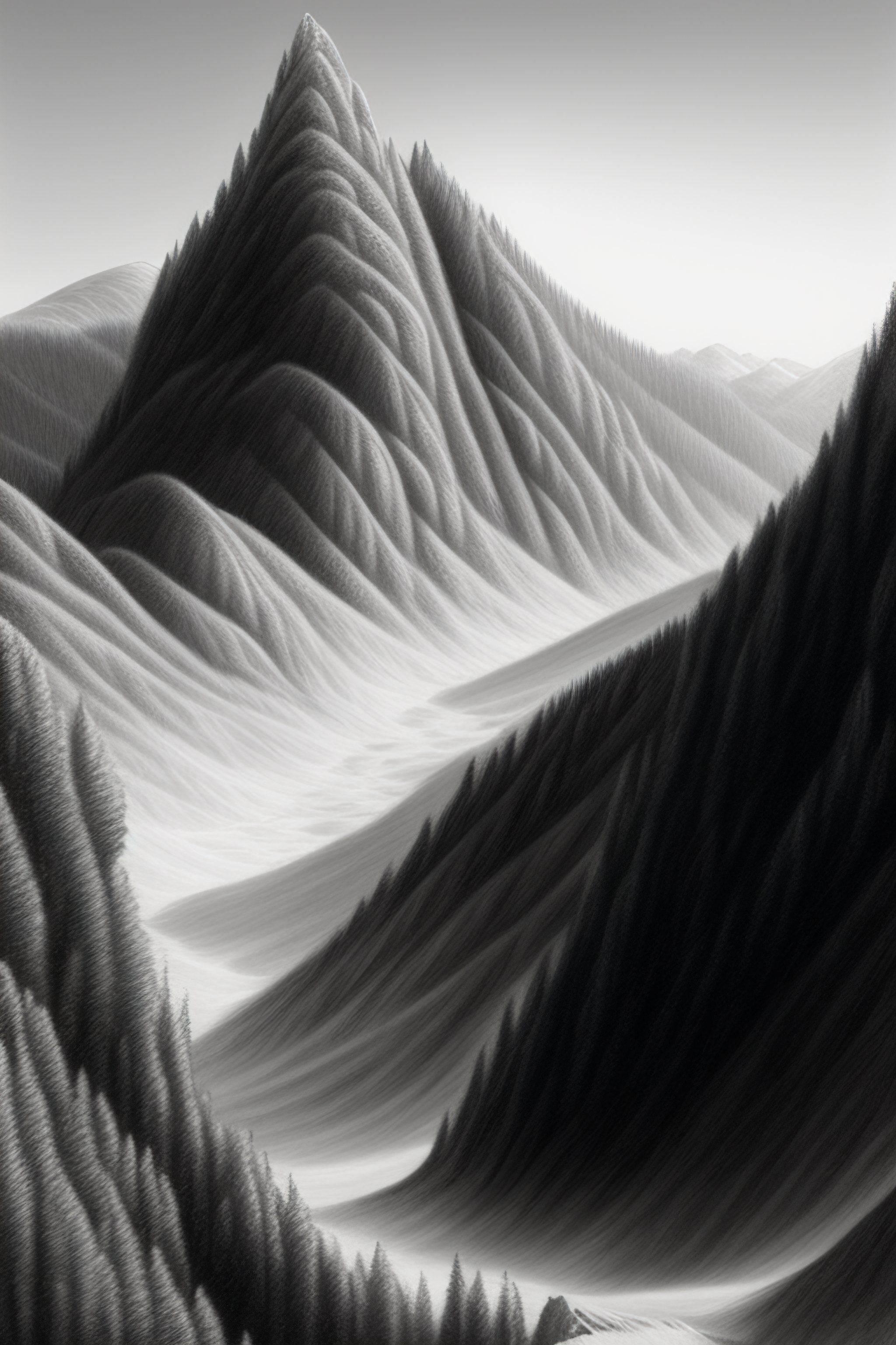 Lexica - High definition pencil drawing of smoky rugged hills