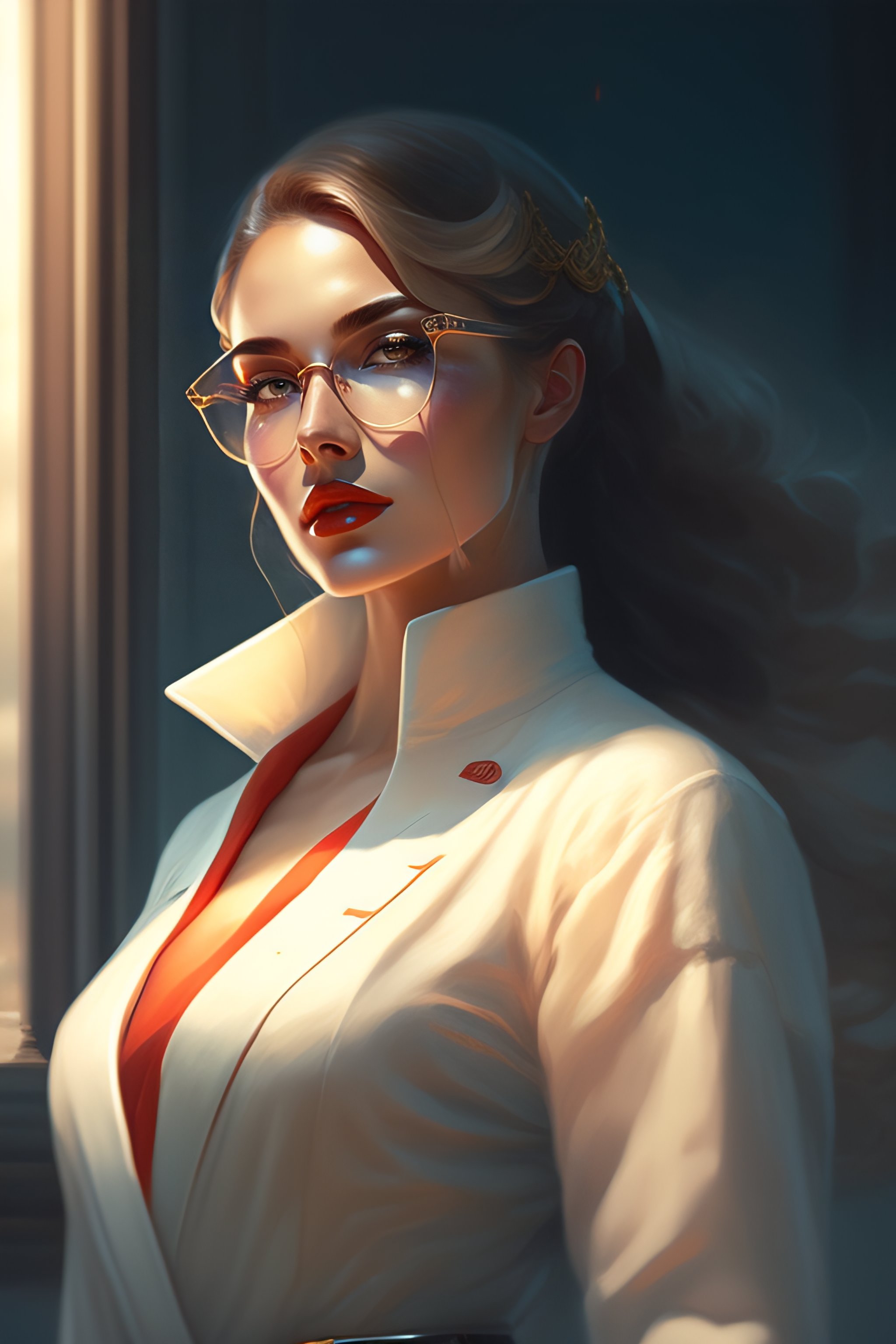 Lexica - A beautiful woman in beautiful linen in a lab coat and glasses ...