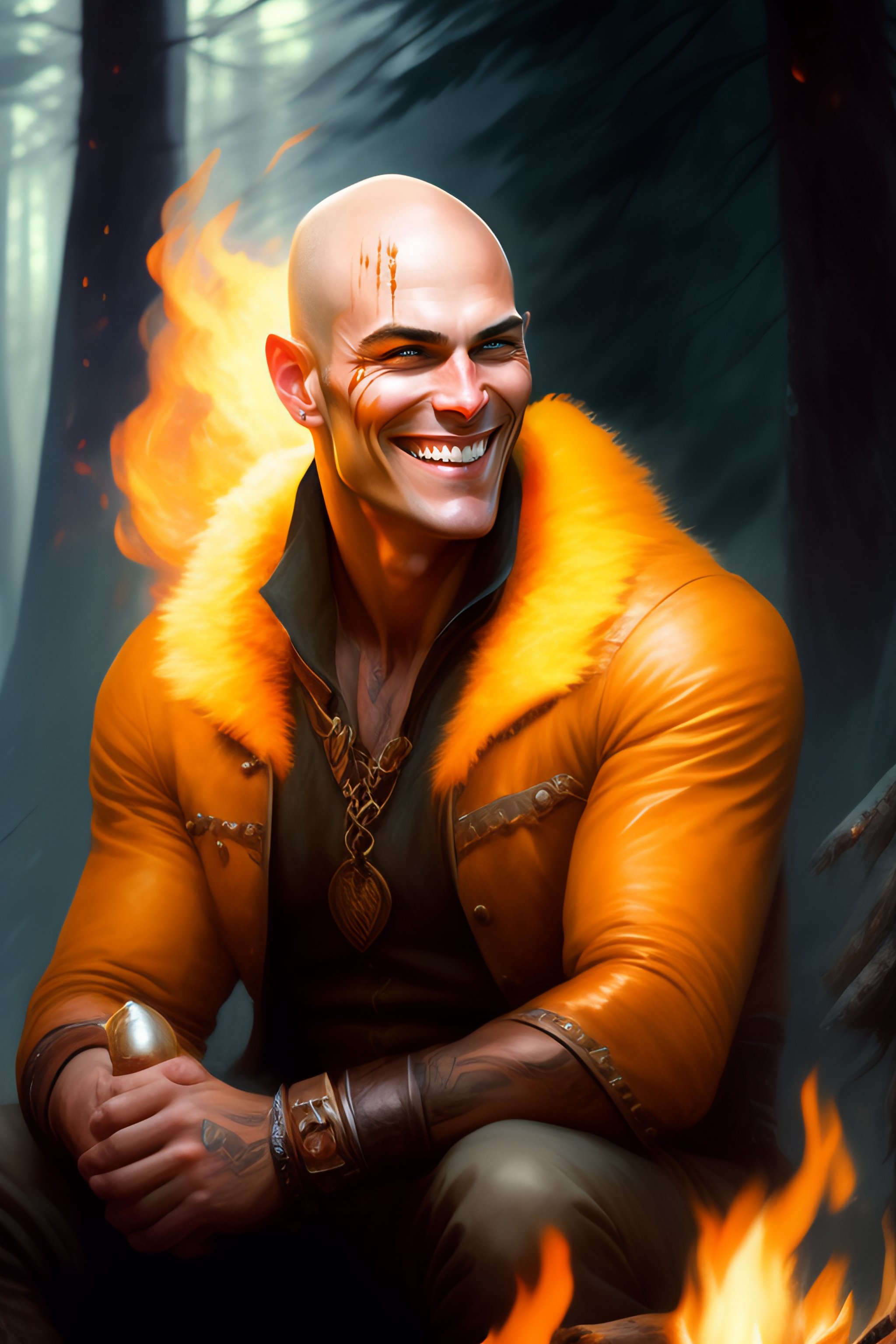 Lexica - Bald clean-shaven beowulf sitting by a campfire and laughing ...