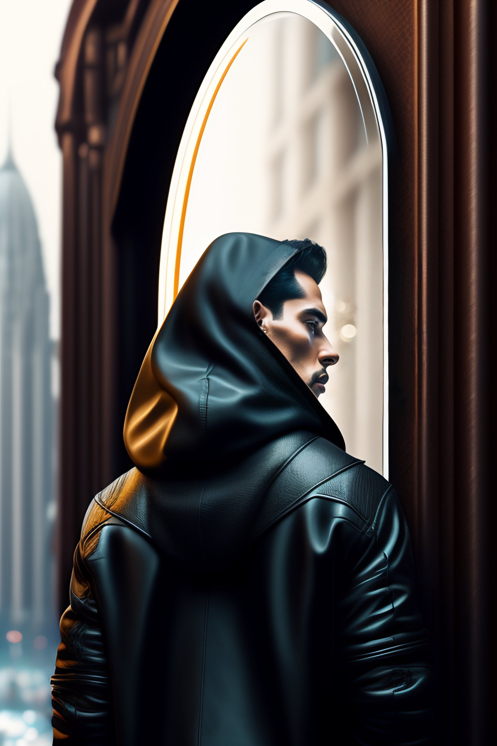 Lexica - An humanoid with a leather ragged hooded jacket, a mirror ...