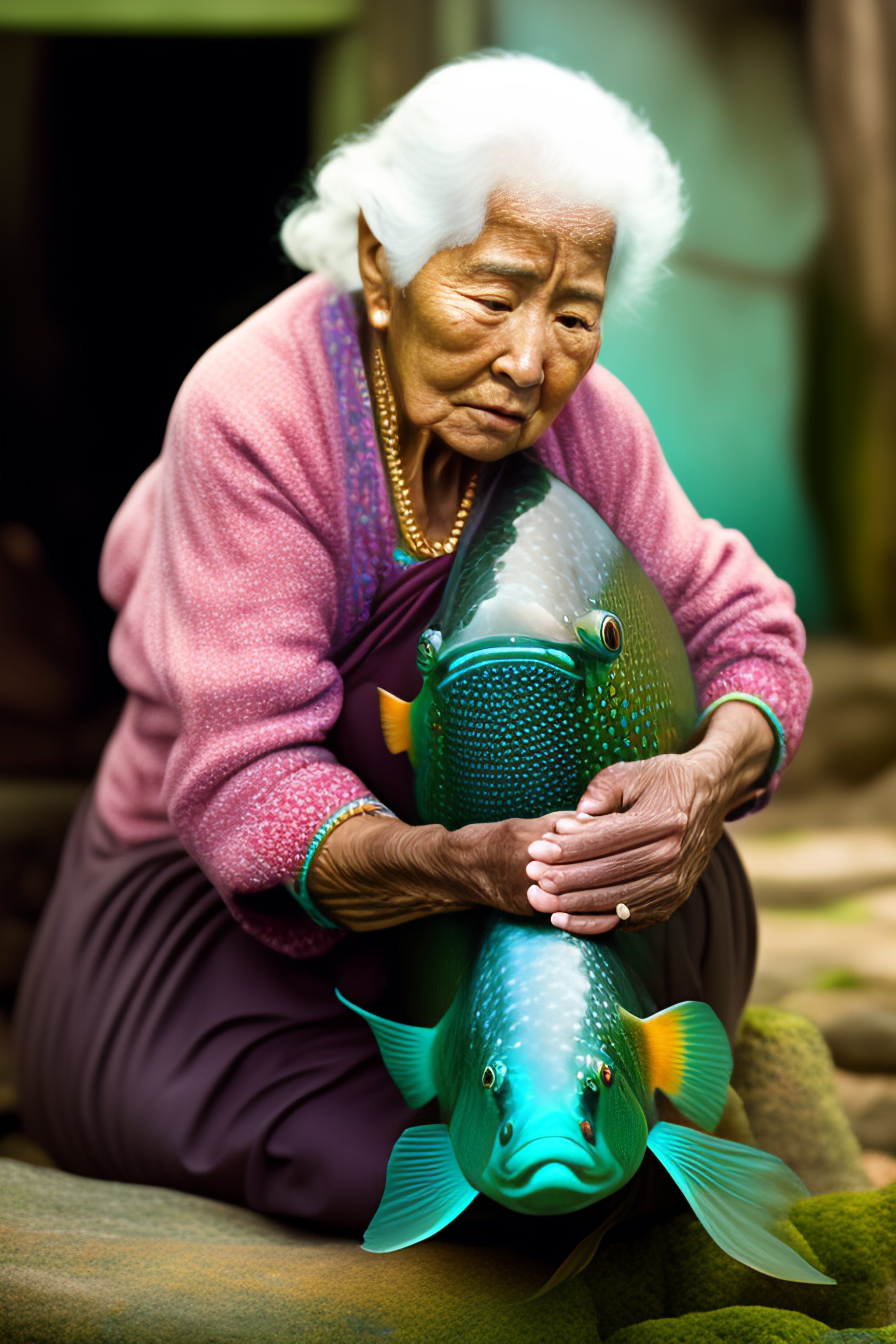 Lexica - Old grandmother hugging own old fish —q 2 —v 4
