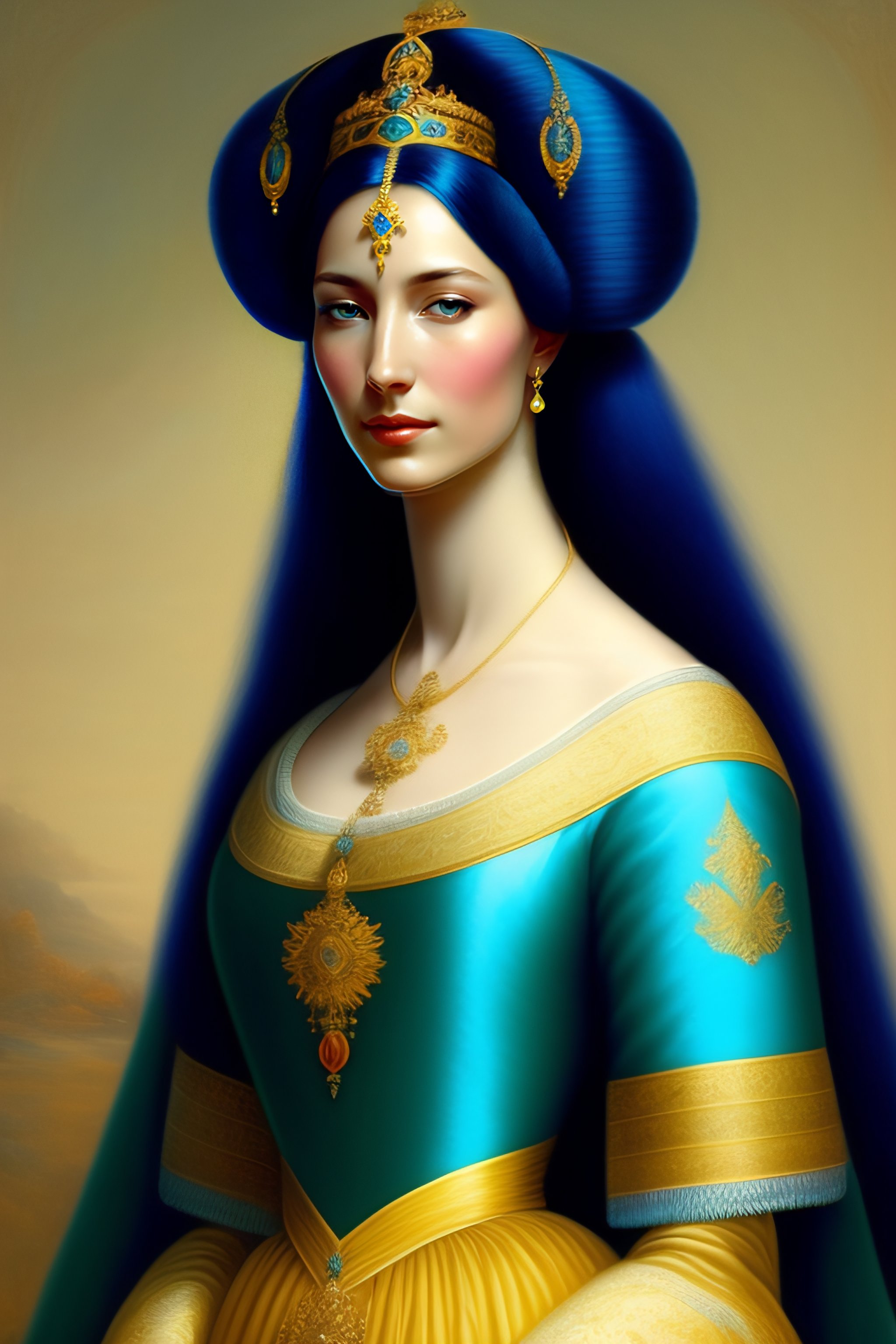 Lexica - A slender, pale-skinned woman with long blue hair and yellow ...