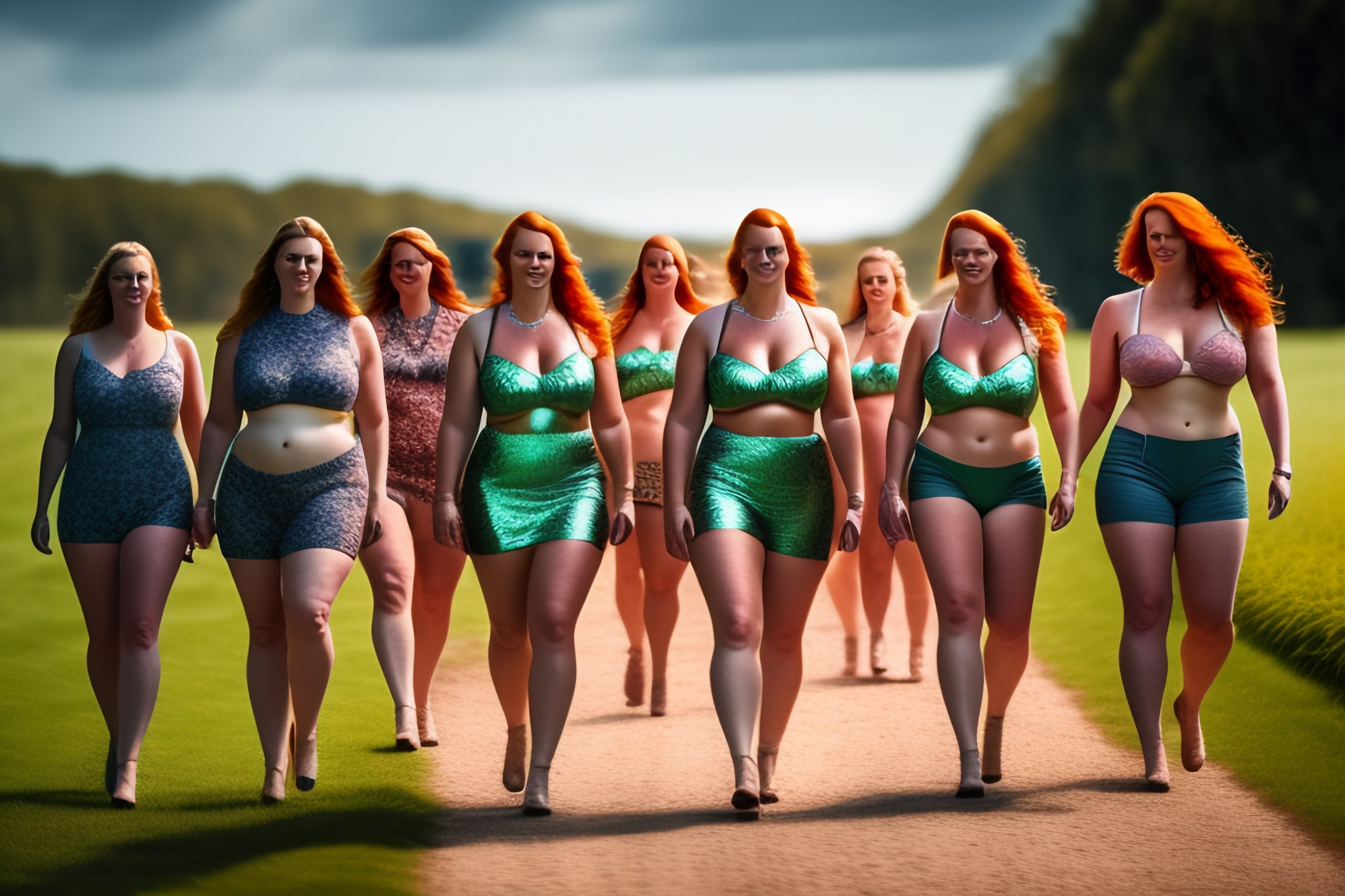 Lexica Group Of Beautiful Plus Size Redhead Women Walking On A Farm