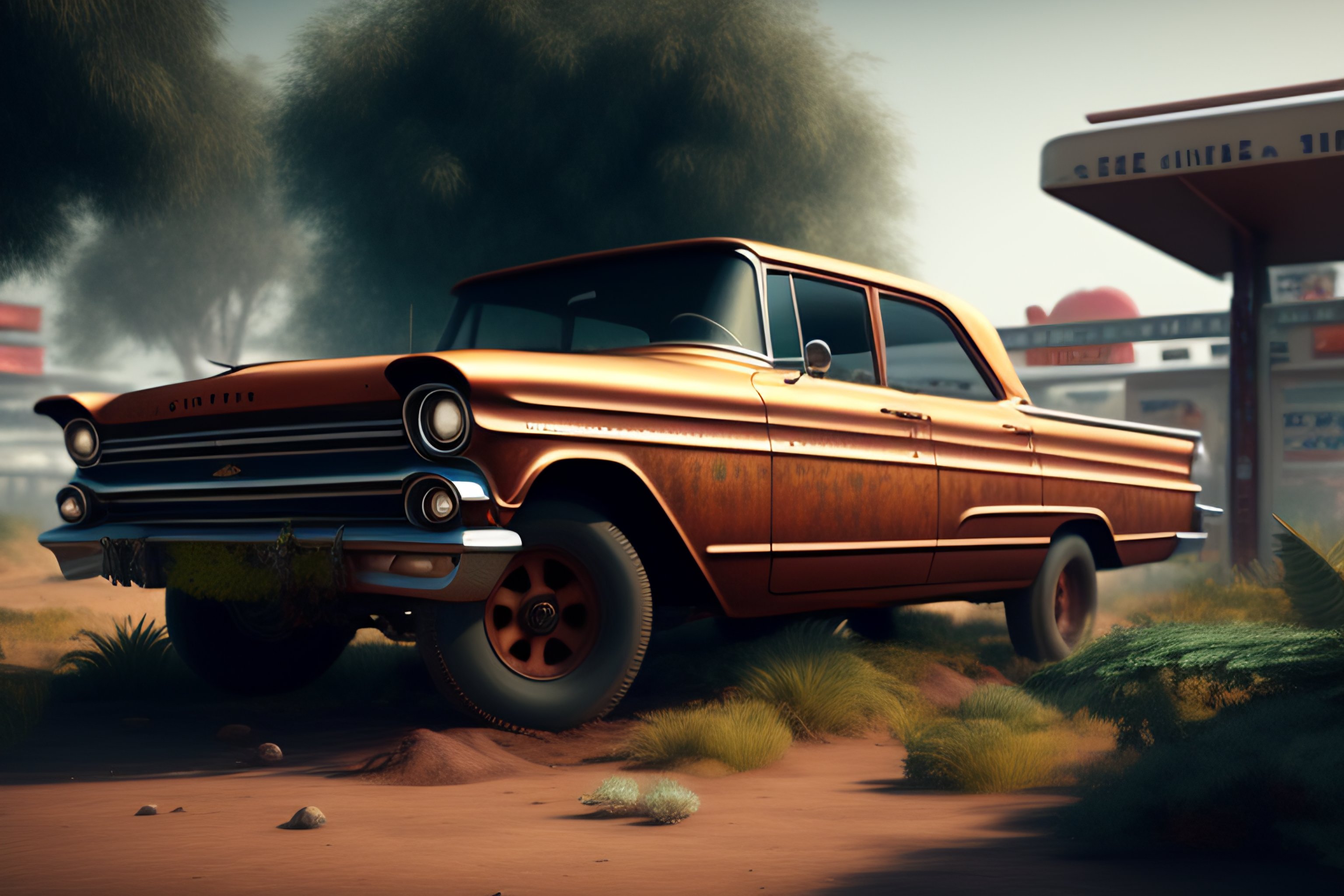 Lexica - 4k view of a car covered in vegetation with rusty body side of ...