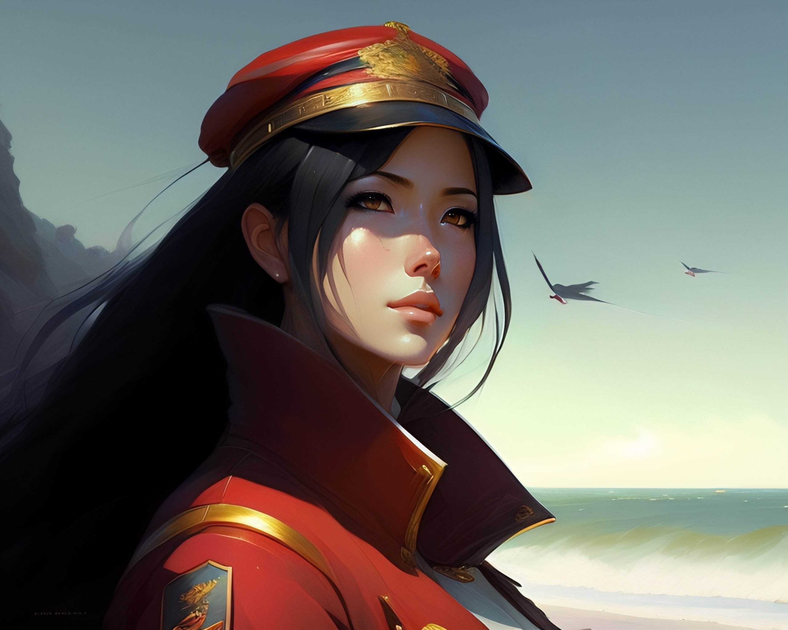 Lexica - Eyes green, capitals girl with a sailor red cap de captain,red ...