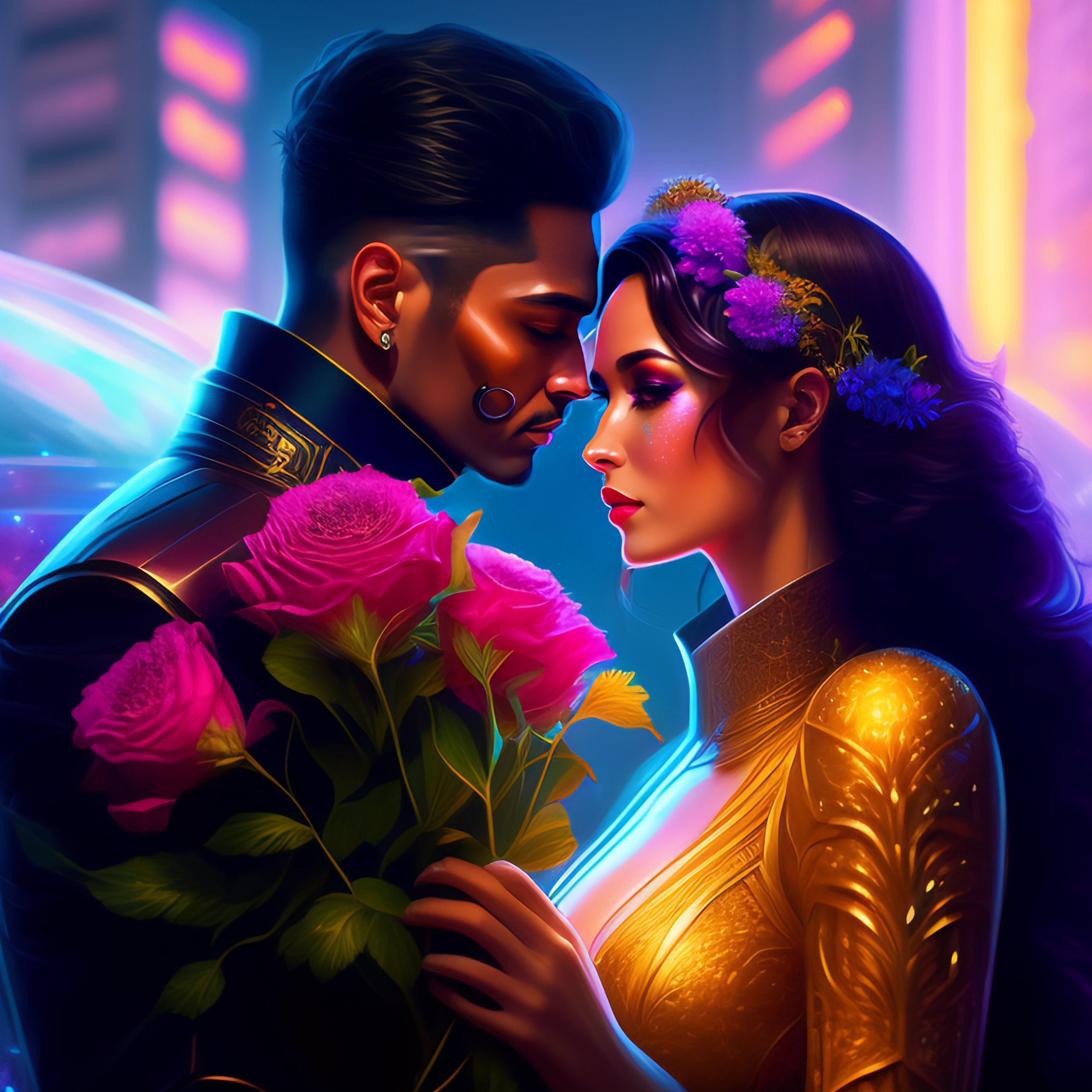 Lexica - An android man gives a bouquet of flowers to a beautiful human ...