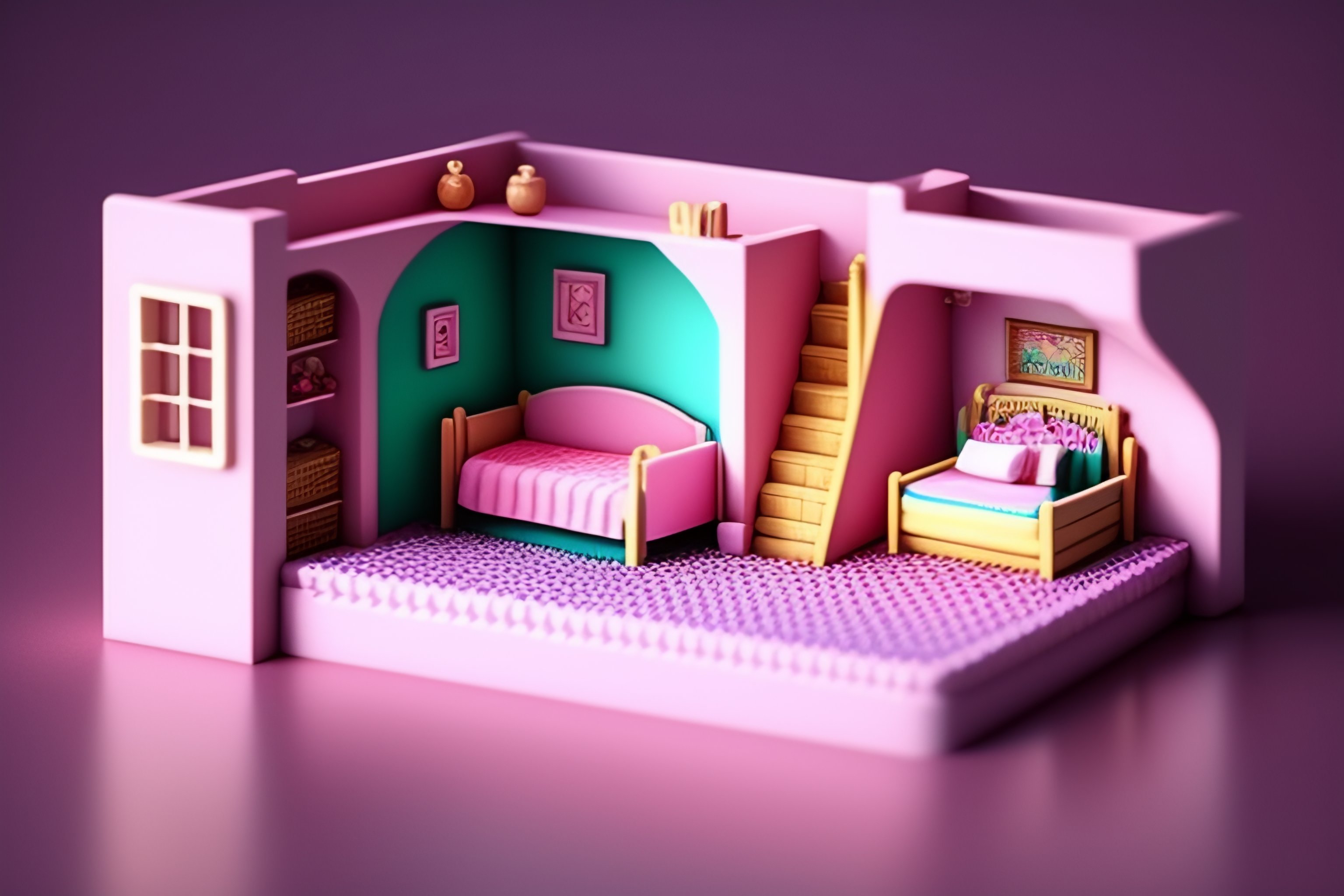 Lexica - Tiny cute voxel 2d perspective doll house room of a pink large ...