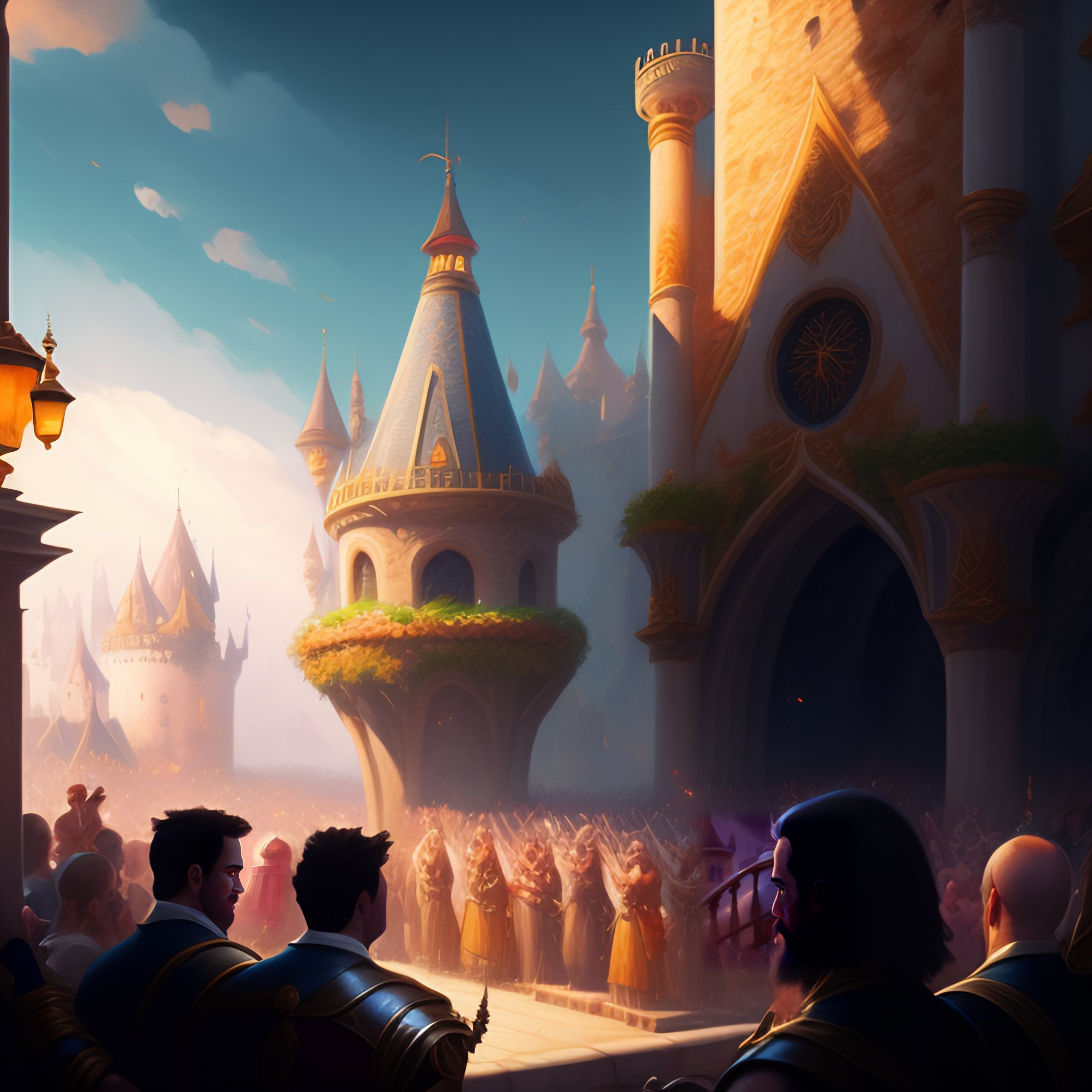 Lexica - Drunken cheering crowd below castle balcony, low angle ...