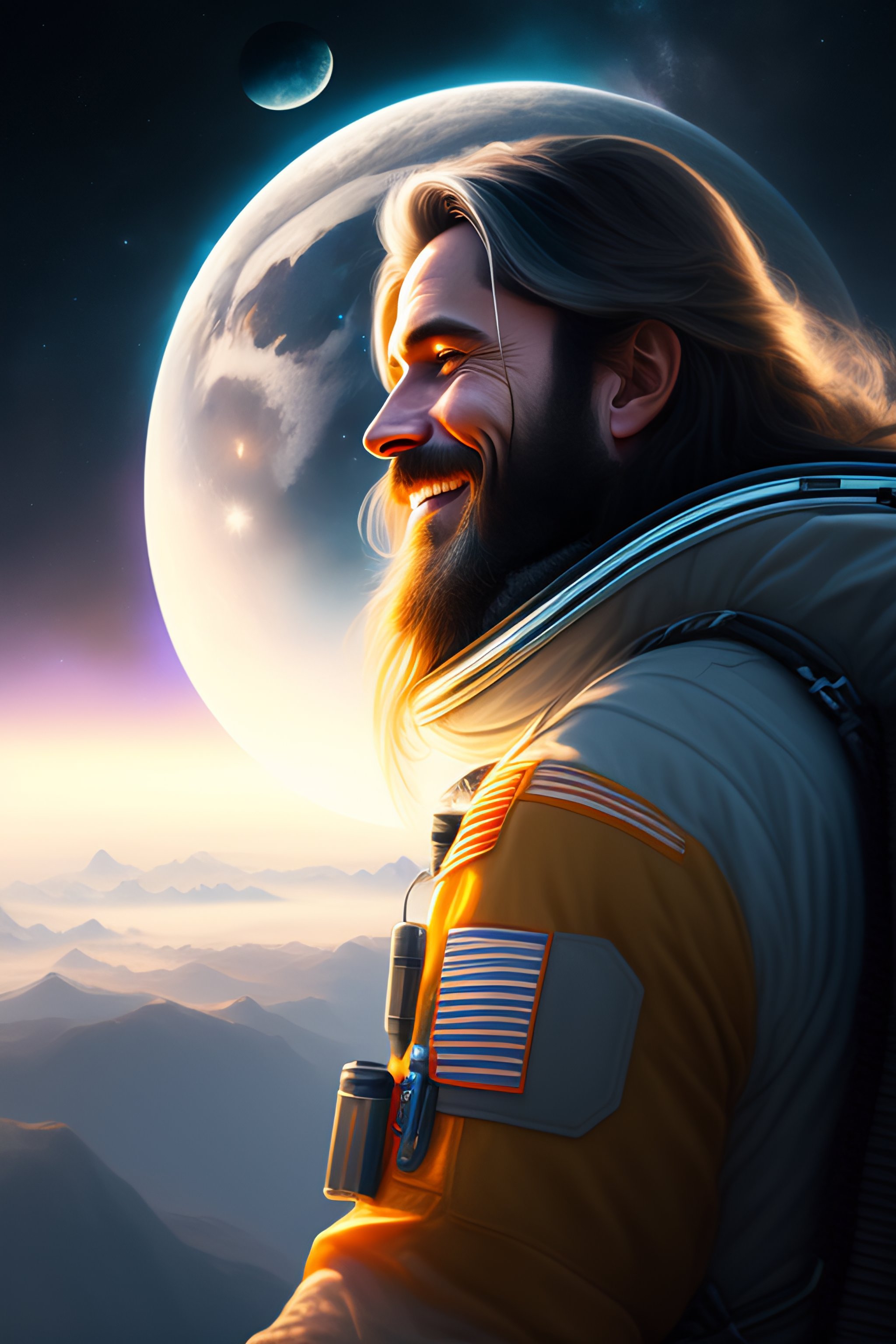 Lexica - Portrait of a smiling male gray long hair and beard astronaut ...
