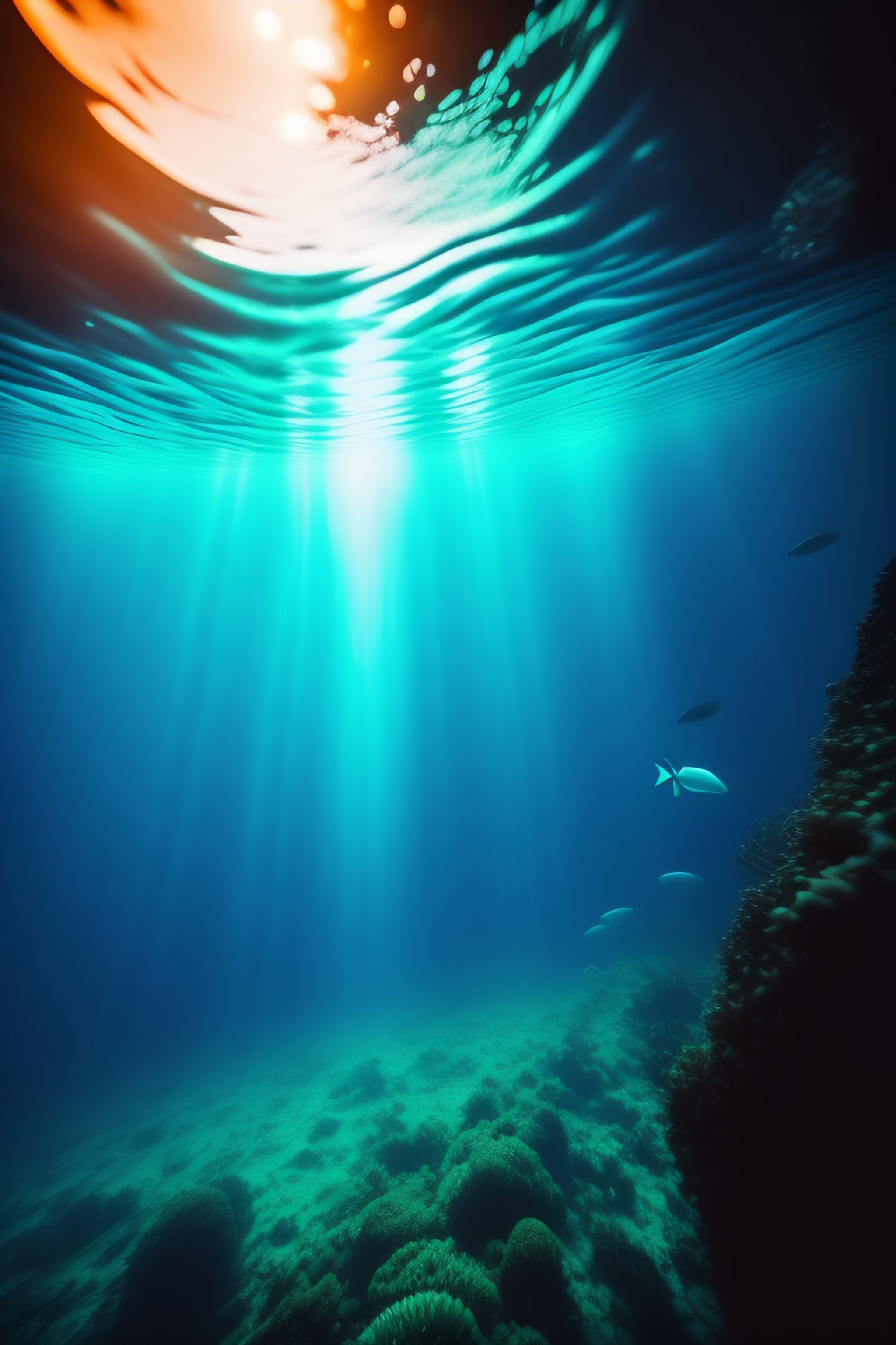 Lexica - Under water, deep sea, dark, cinematic, small glow, wide angle