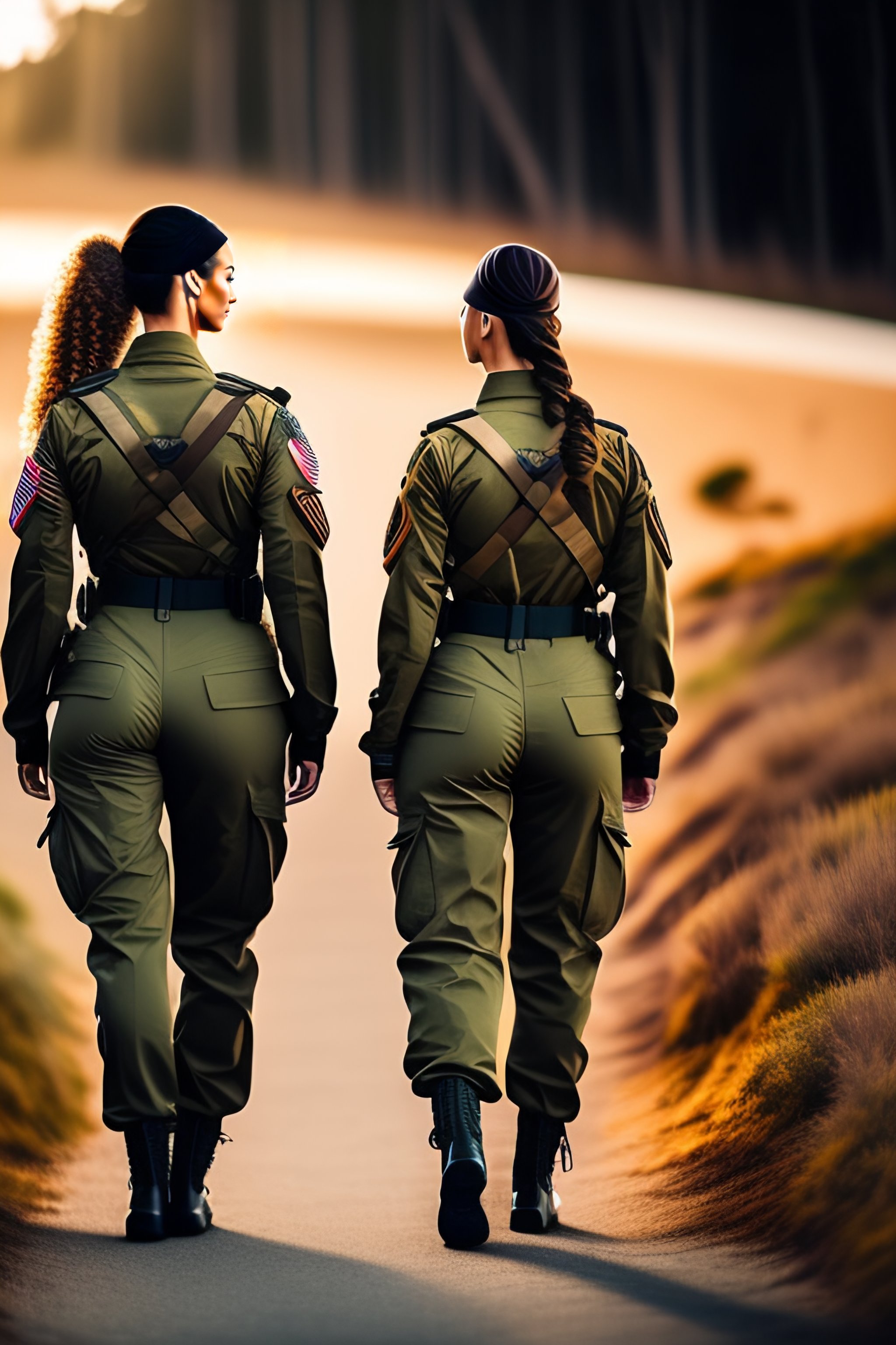 Lexica - Beautiful fit women, military attire, facing away from us, 5 5 mm