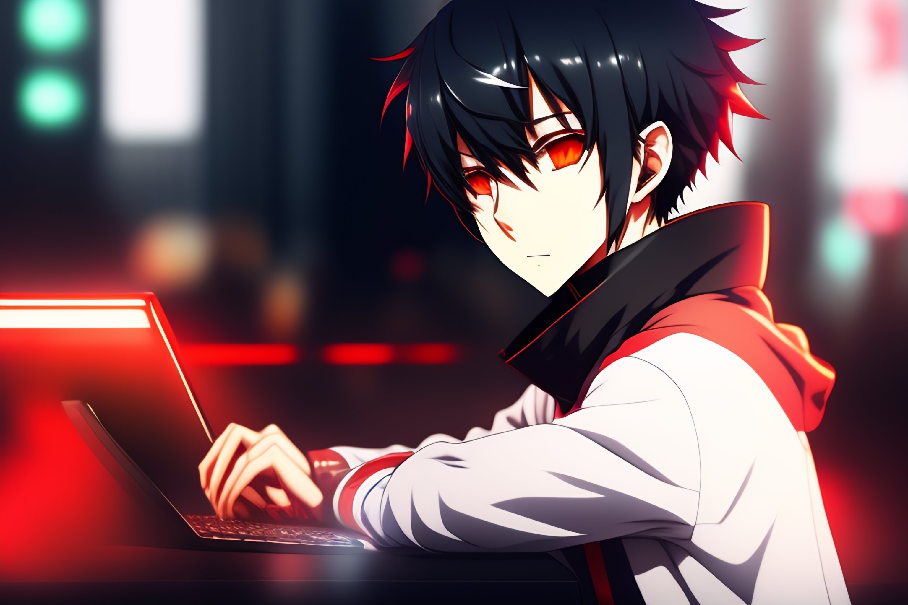Lexica - Anime boy, white hair, black eyes, black and red clothes ...