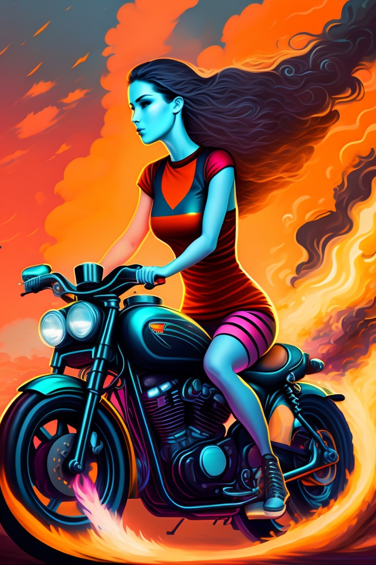 Lexica - Hali Davidson bike with girl, mix color, and fire, illustration