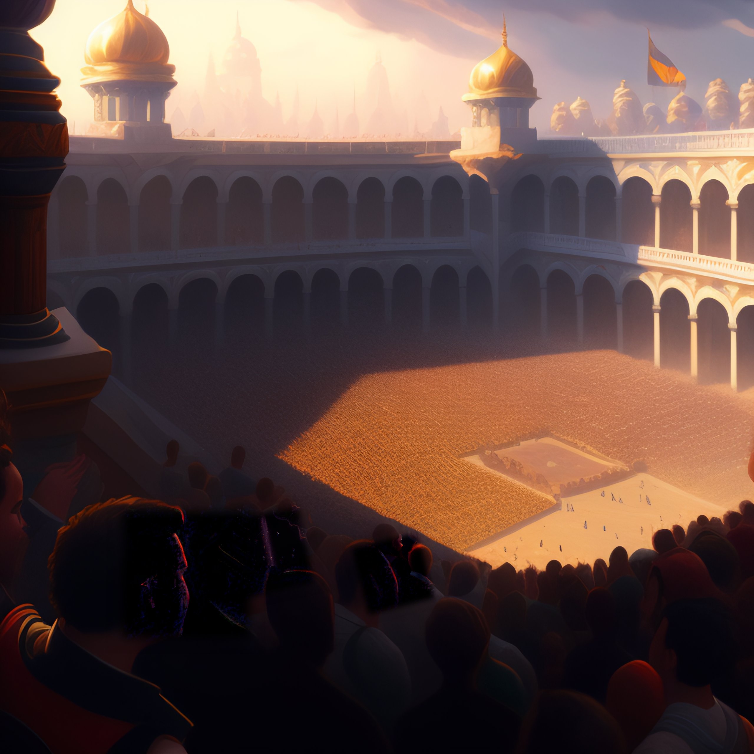 Lexica - Drunken cheering crowd in coliseum, aerial view, medieval ...