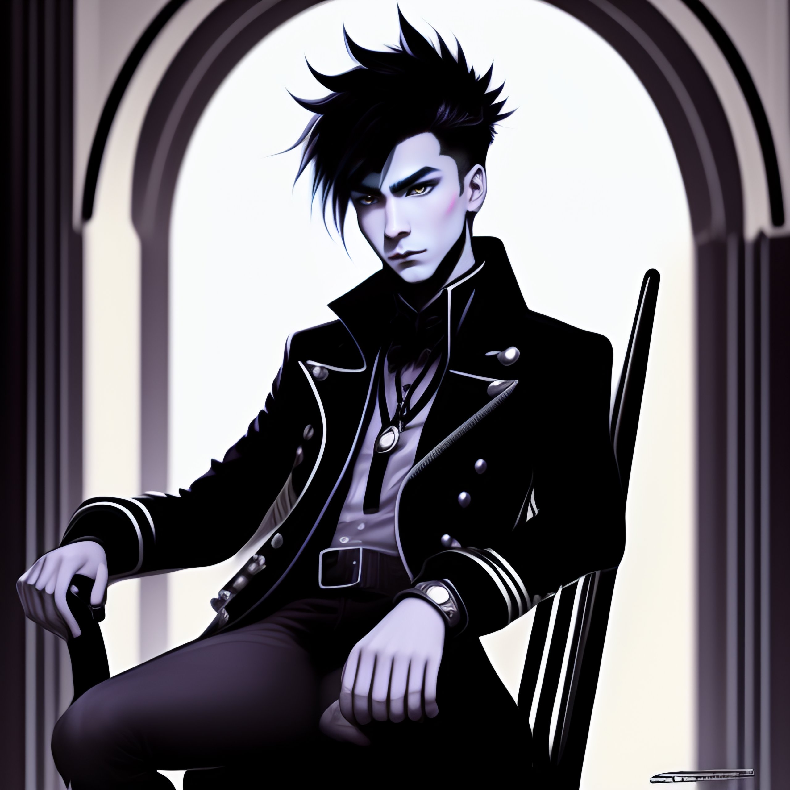 Lexica - A edgy goth young man sitting on a chair, simple comic drawing