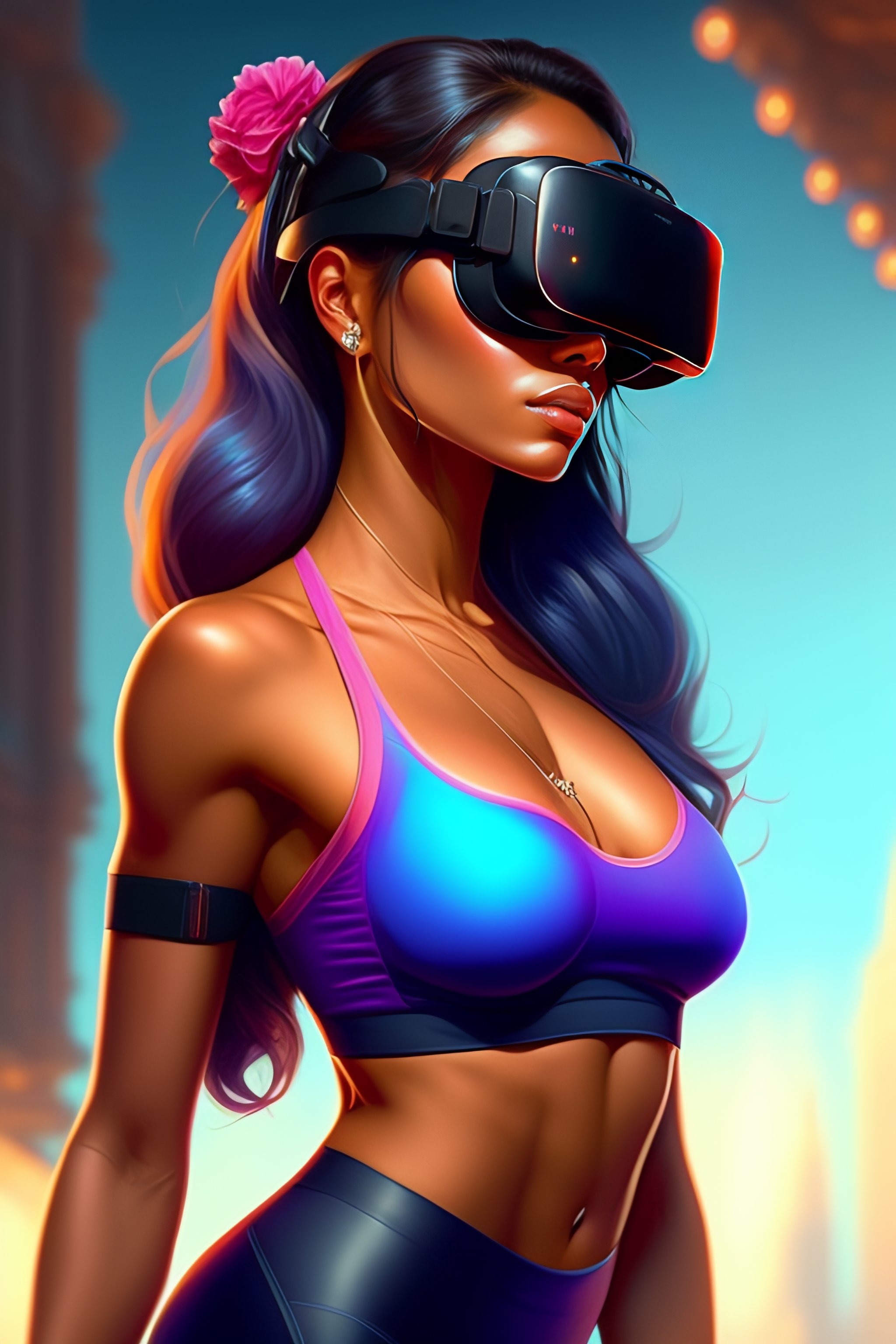 Lexica - Pretty gamer woman very pretty with VR Headset, two piece workout clothes, training bra ...