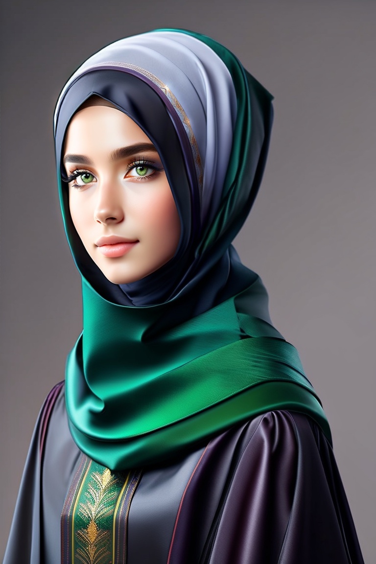 Lexica - Cute hijab girl wearing medieval mage clothing،Green eyes, gray dress, solid background