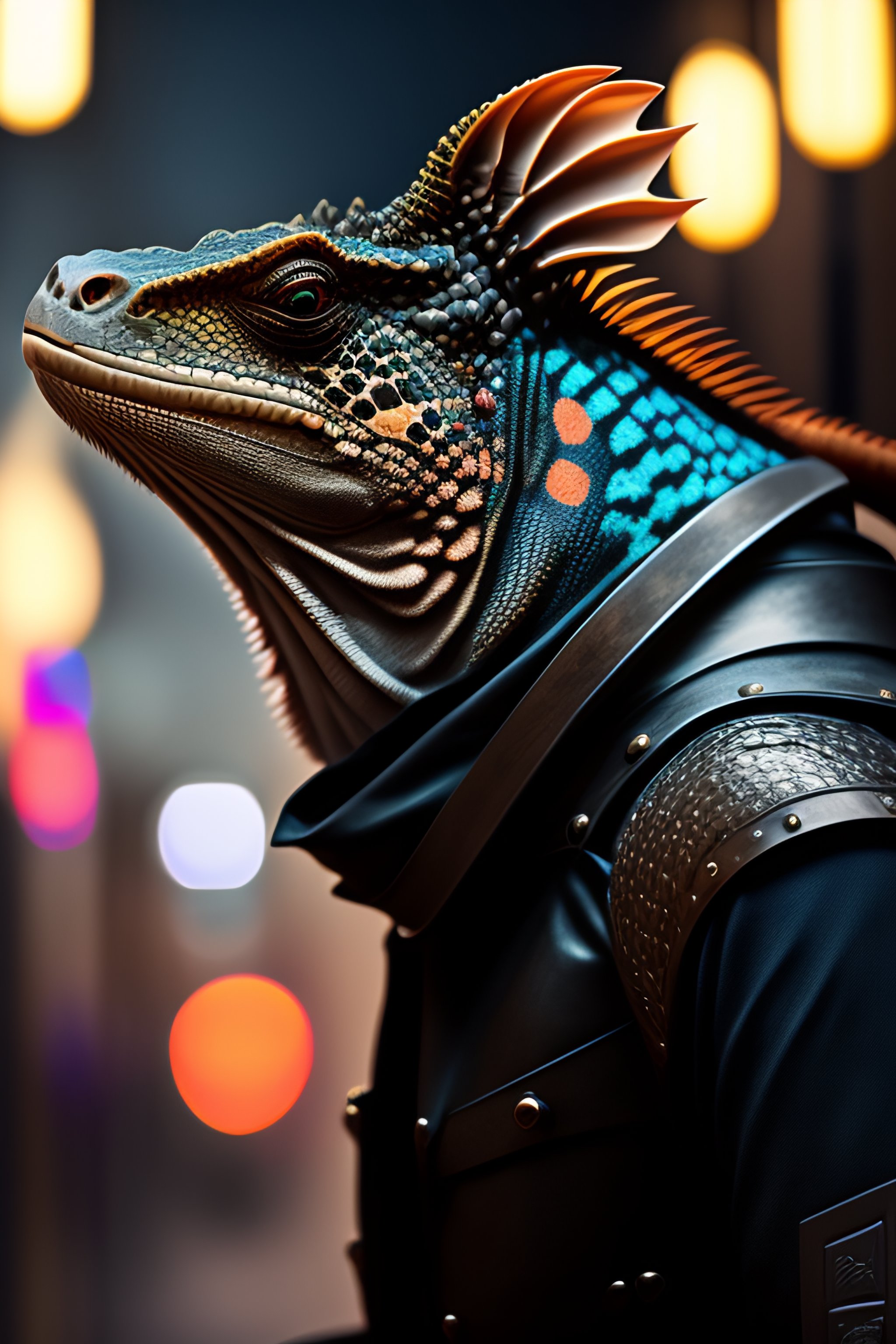 Lexica - Ronin iguana entering a cyberpunk saloon