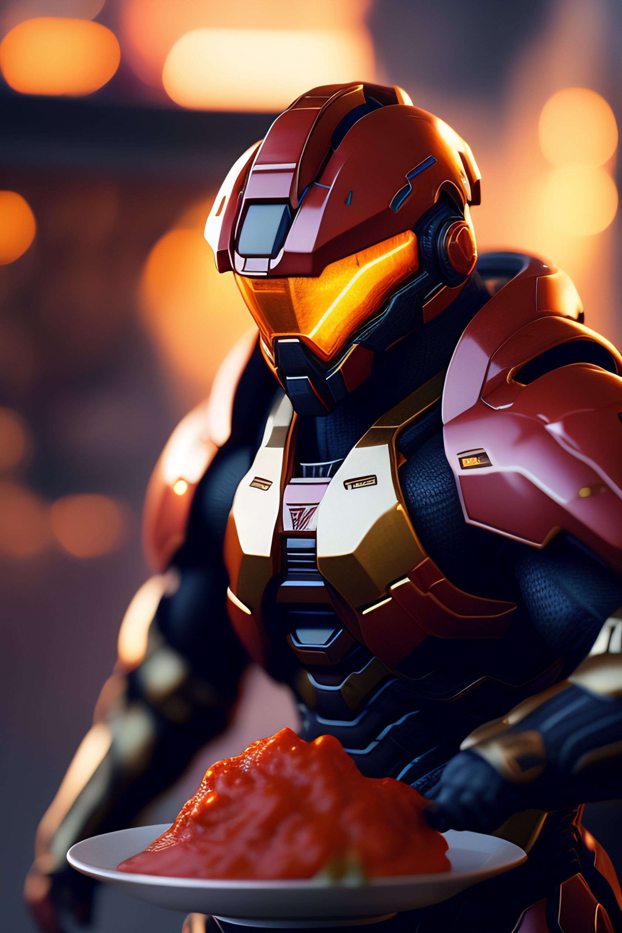 Lexica - Master Chief (halo), eating pasta with red sauce, male, strong ...