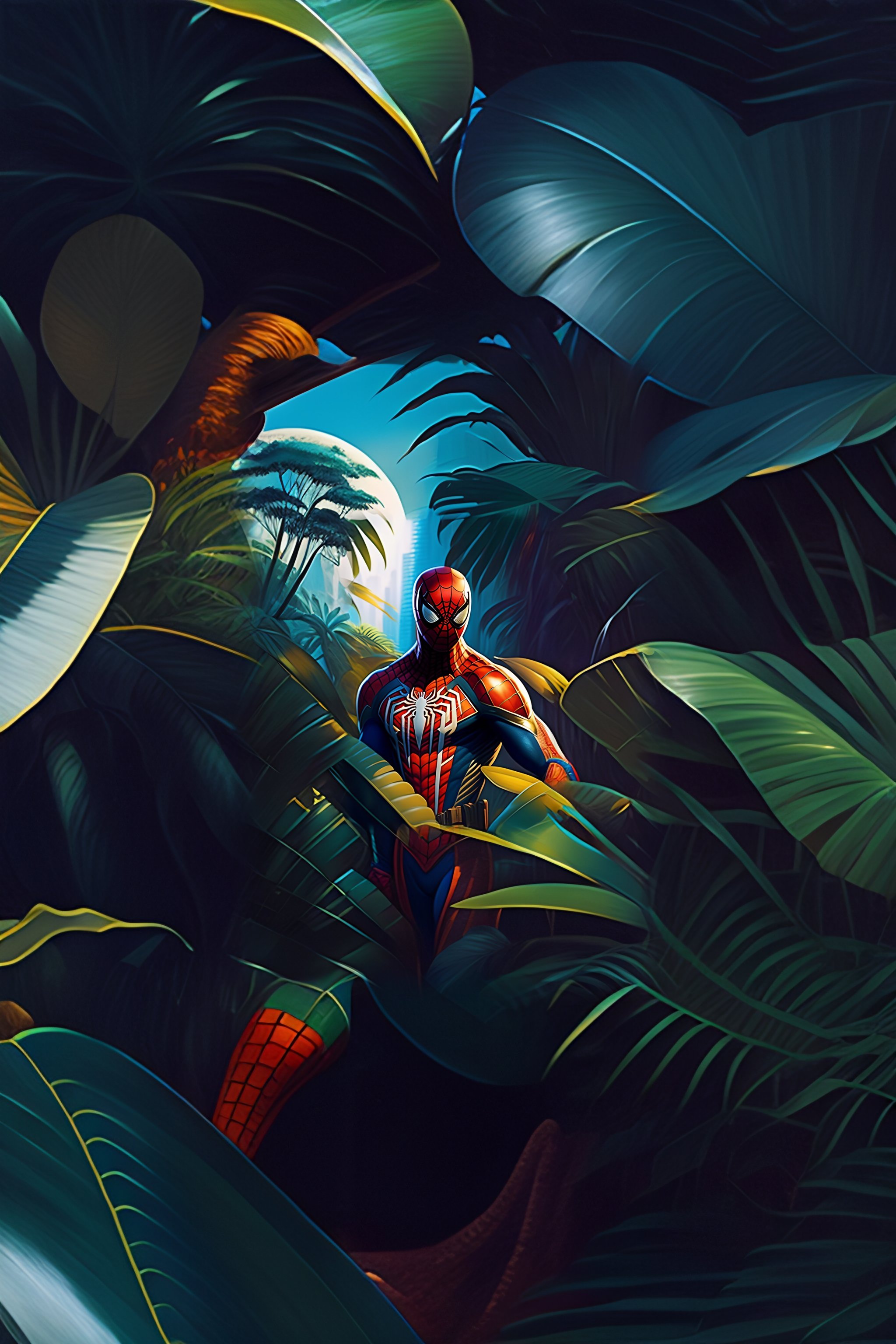 Lexica - "Spider-Man in a Jungle" by Syd Mead, cold color palette ...