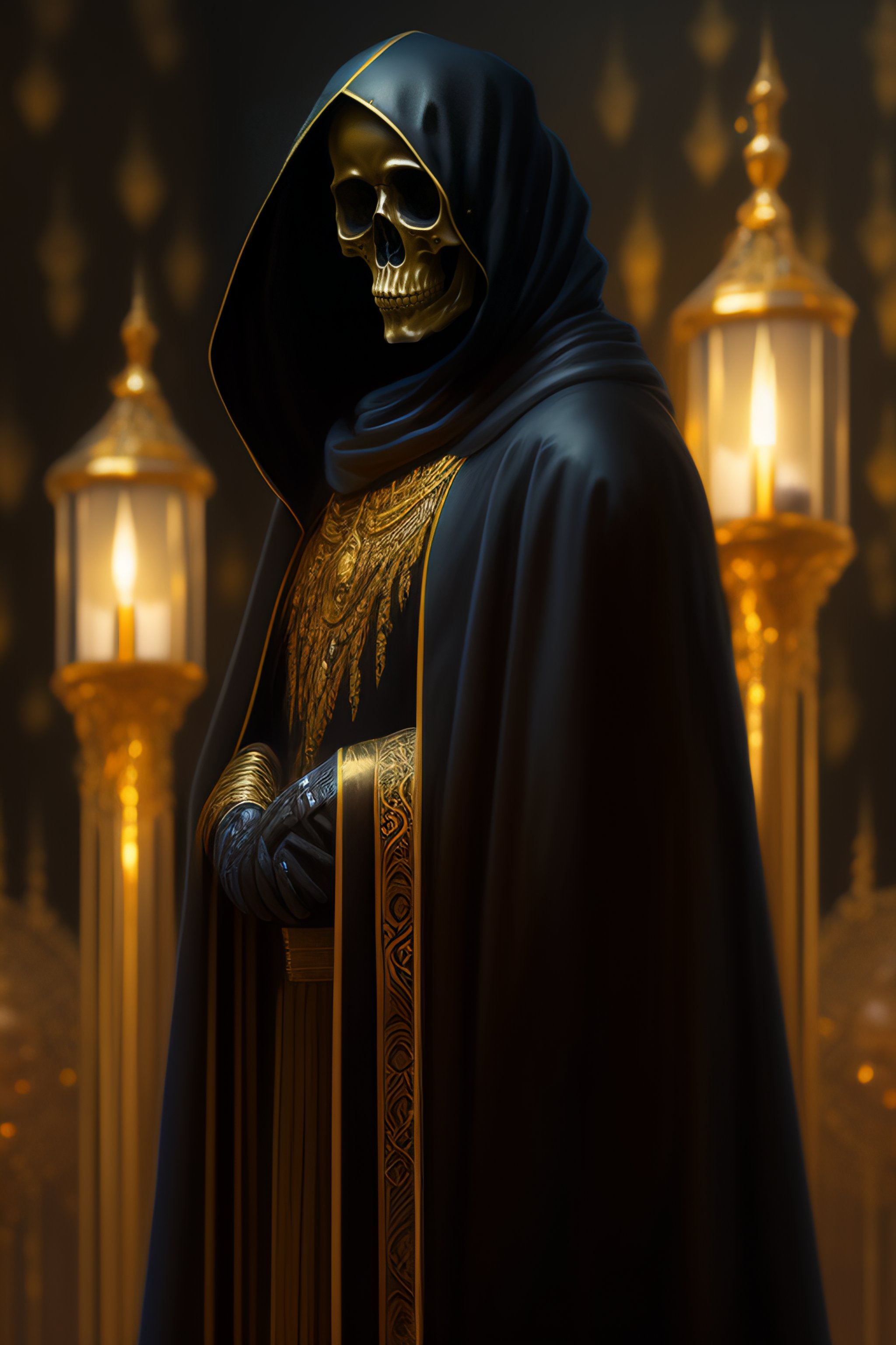 Lexica - Oil paint, grim reaper, dark background, gold dust details ...