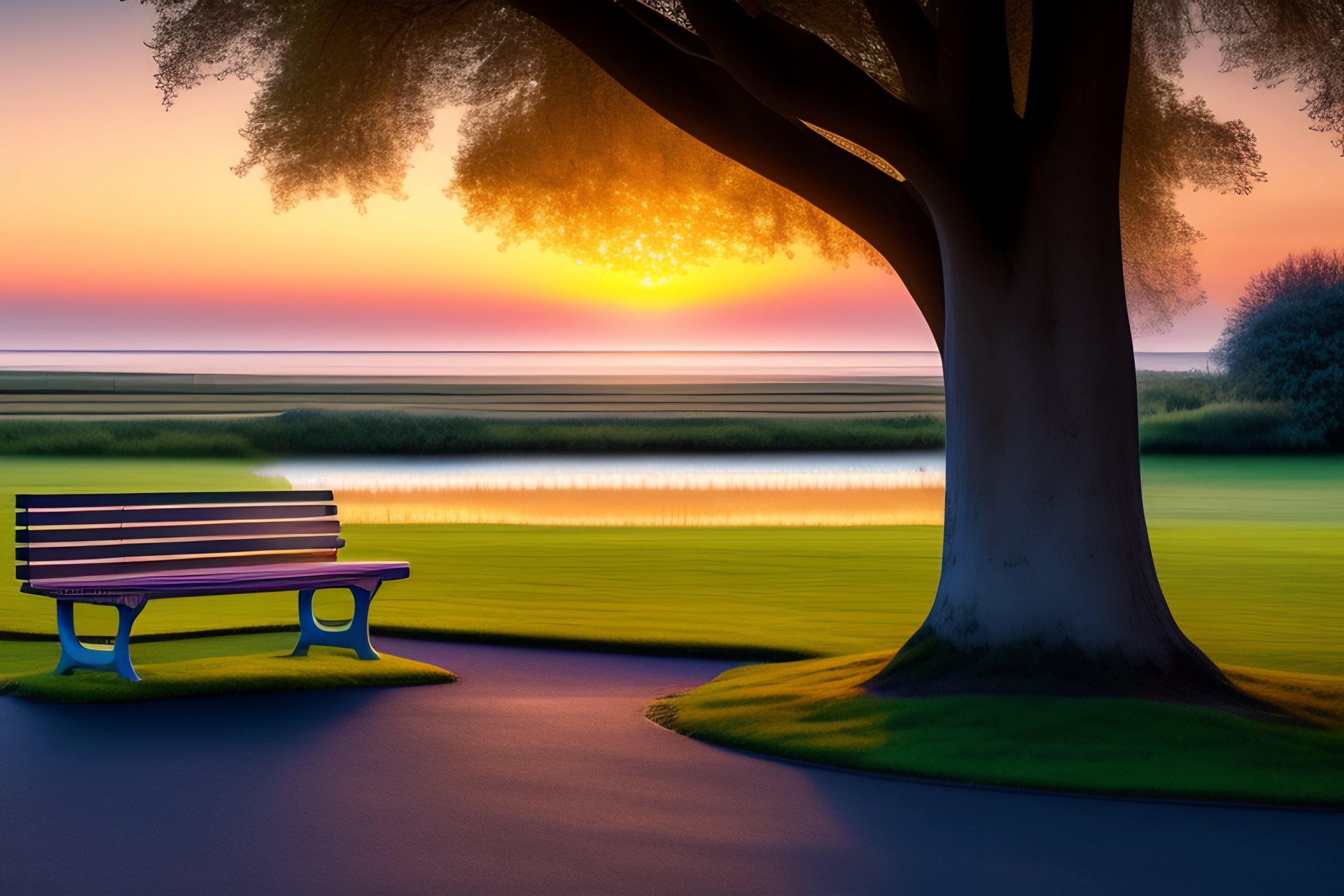 Lexica - Peaceful bench a beautiful landscape in front of it at sunset ...