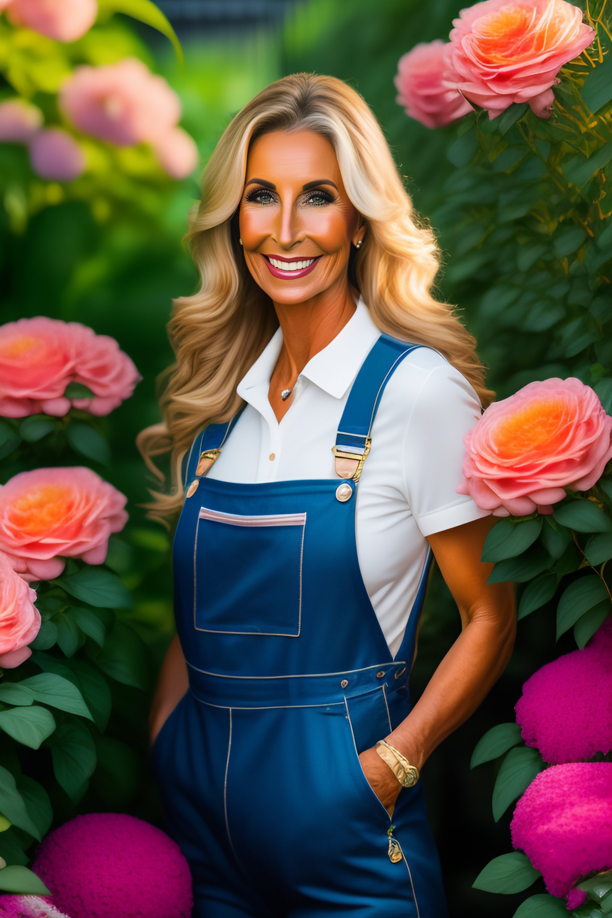 Lexica - Portrait of Heather Thomas gardener wearing overalls inside a ...