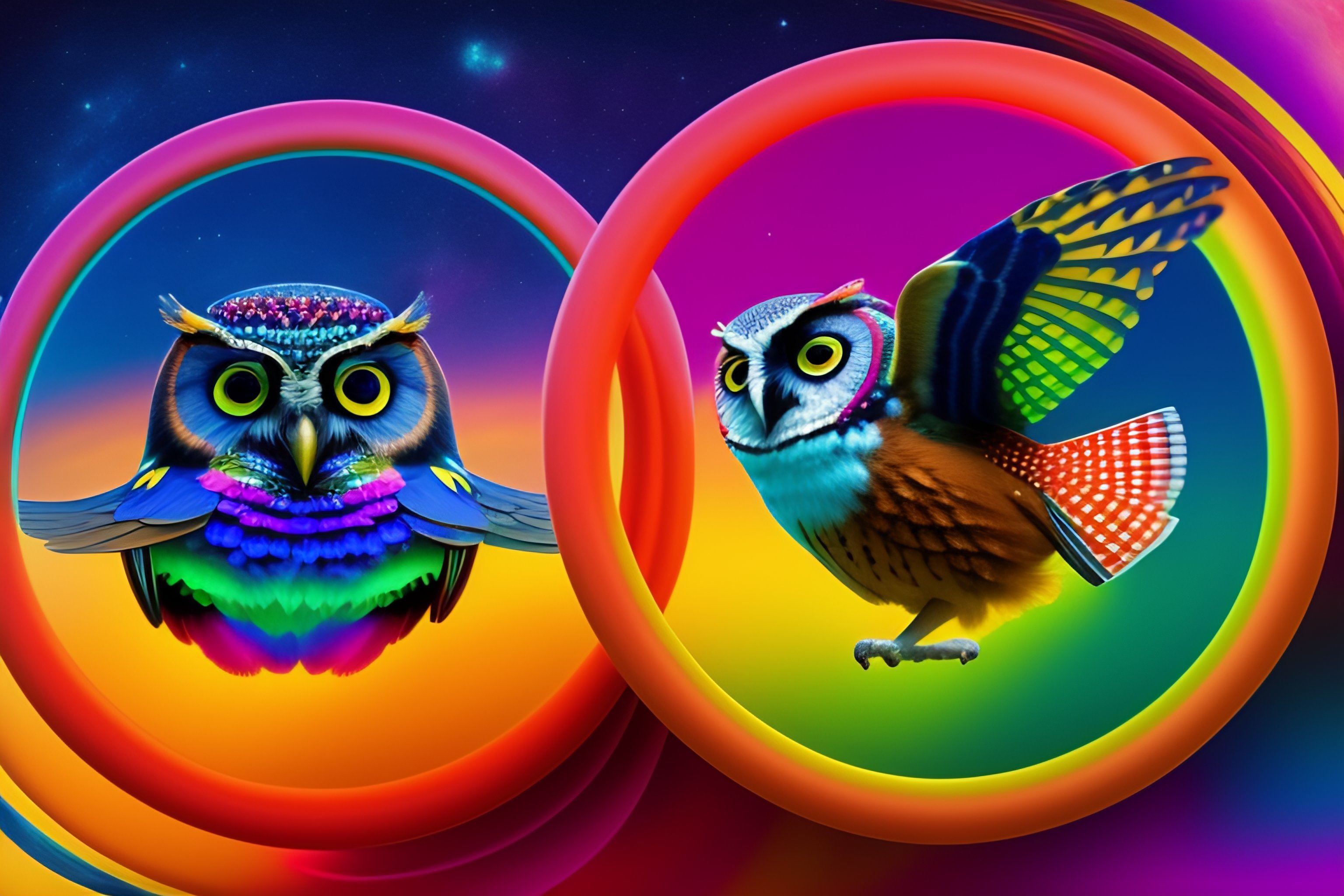 Lexica - Picture of colourful and diverise owls flying together in the ...