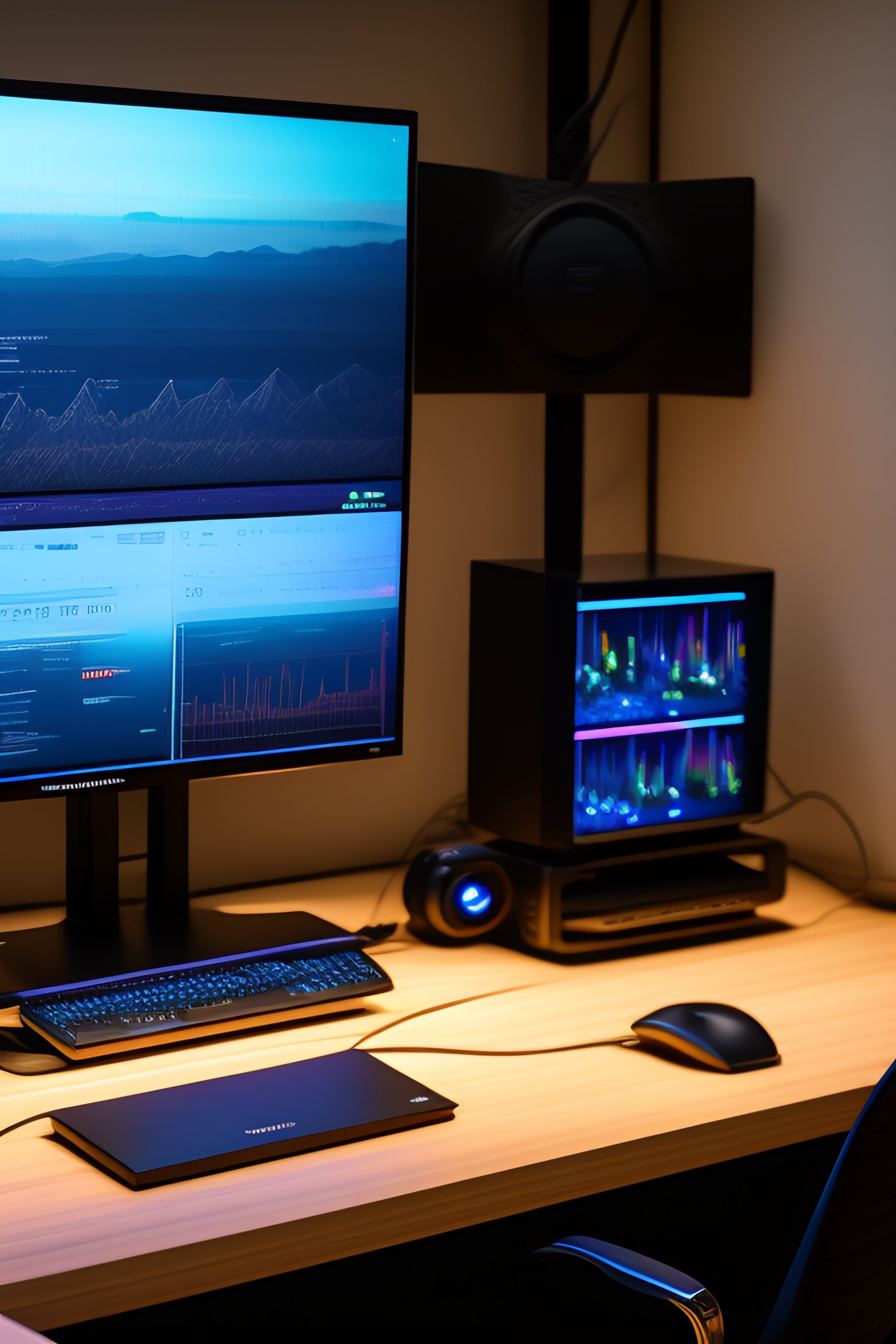 Lexica - Hacker desktop, 4 monitors, hardware on the table, Osciloscope