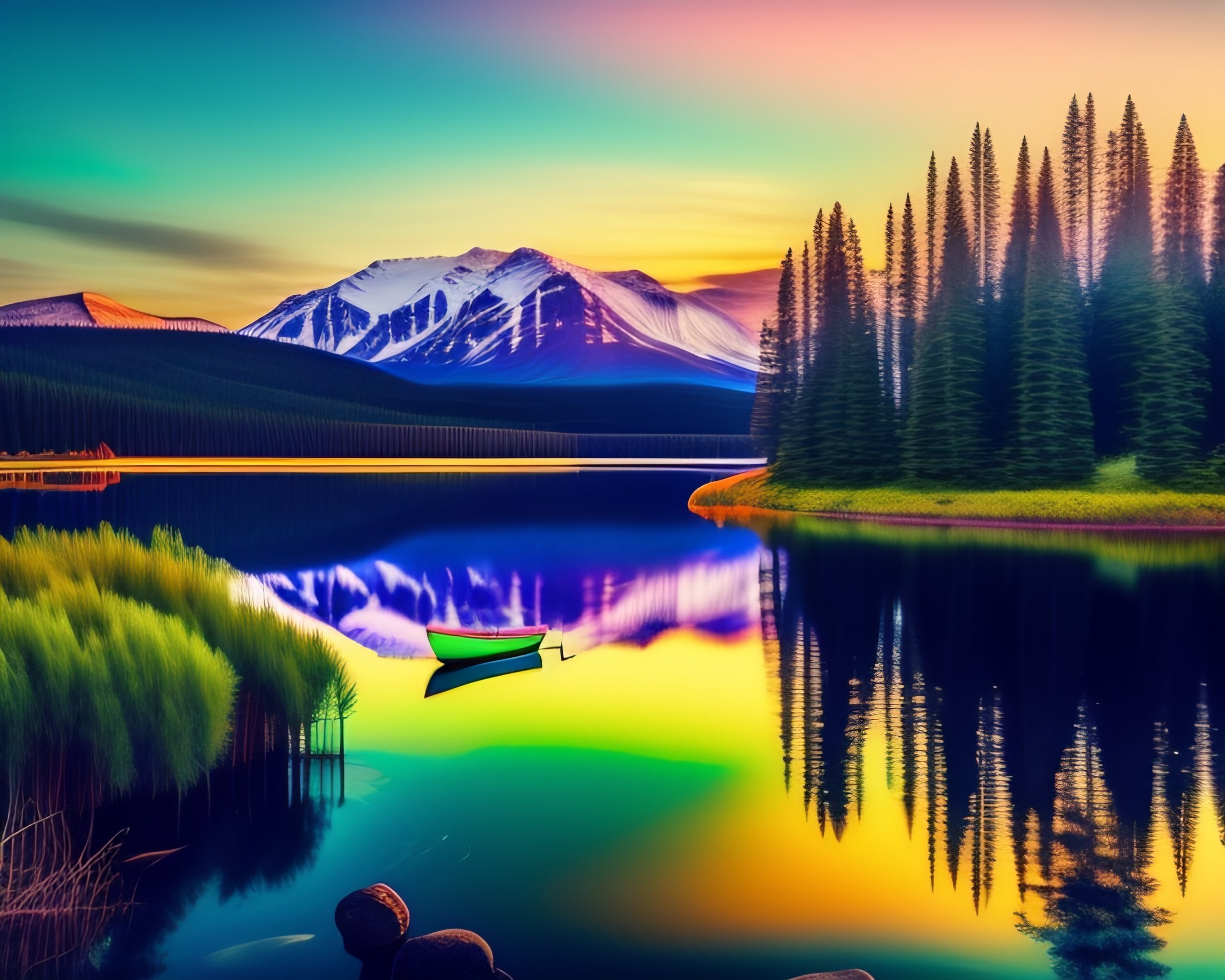 Lexica - A beautiful northern lake at night with pine trees, logs, lily ...