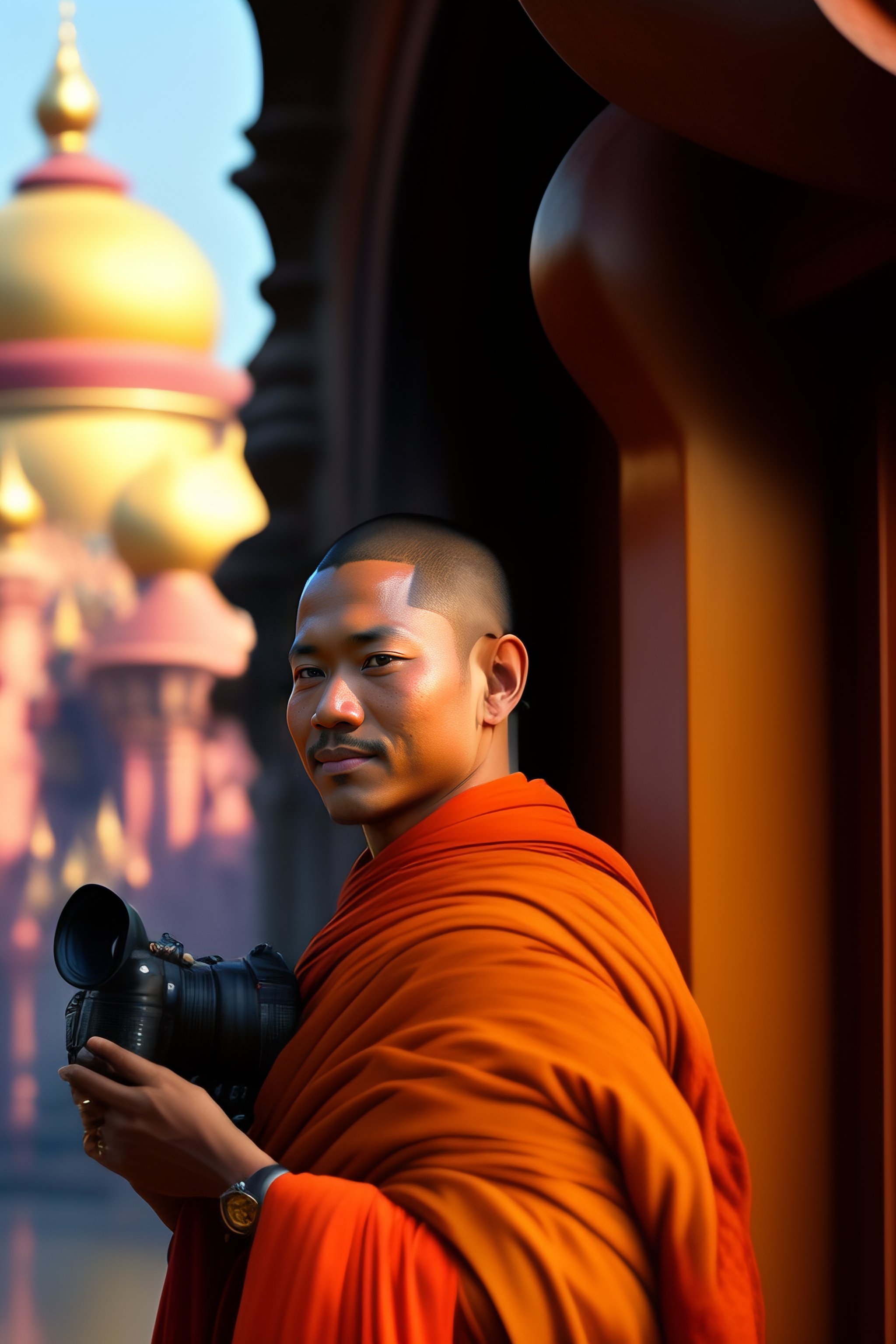 Lexica - A monk clicking pictures with a camera, disney, pixar