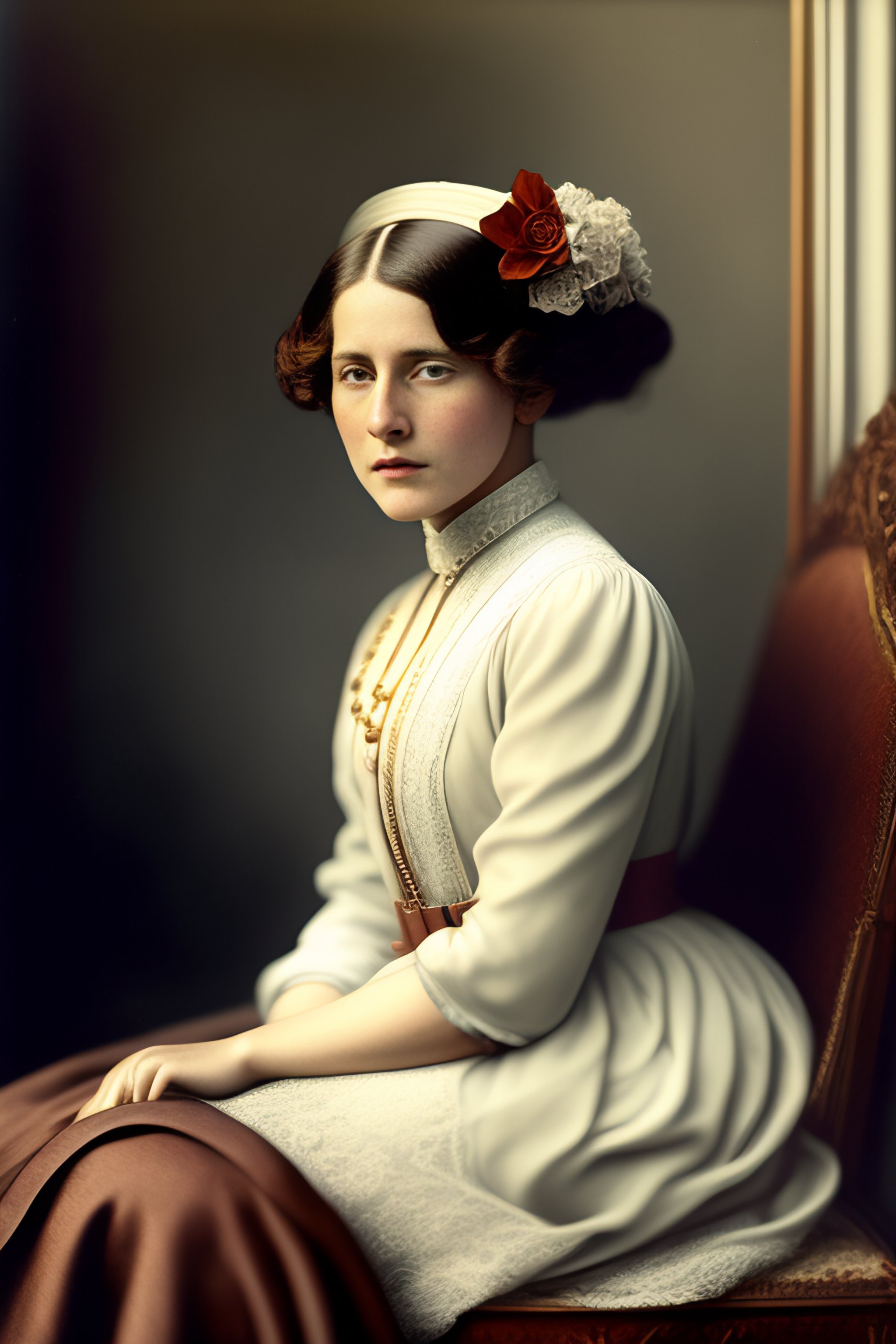 Lexica - 1912 newspaper photograph of young woman sitting down colorized