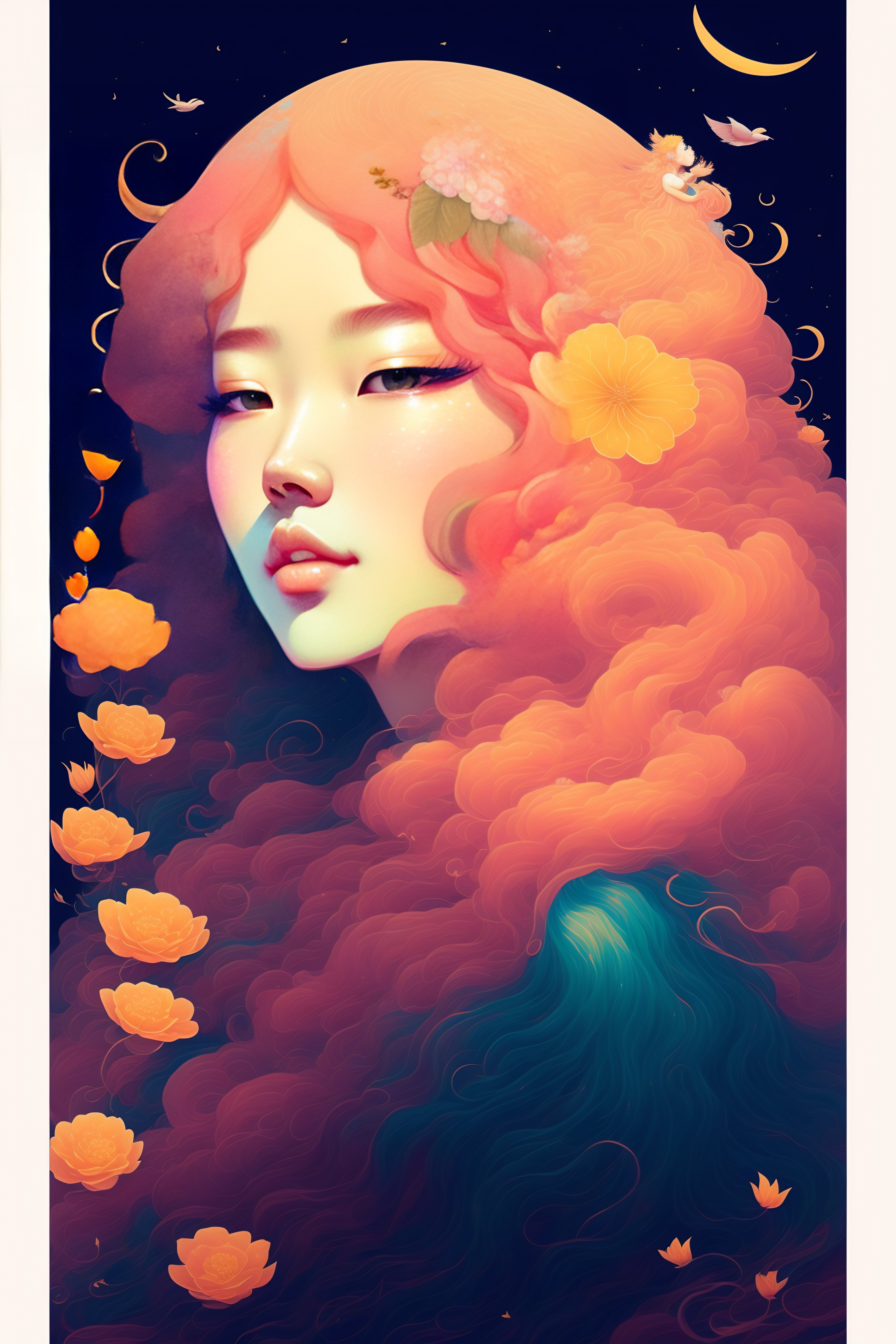 Lexica - Beautiful cute front portrait Korean ninfa, big long curly ...