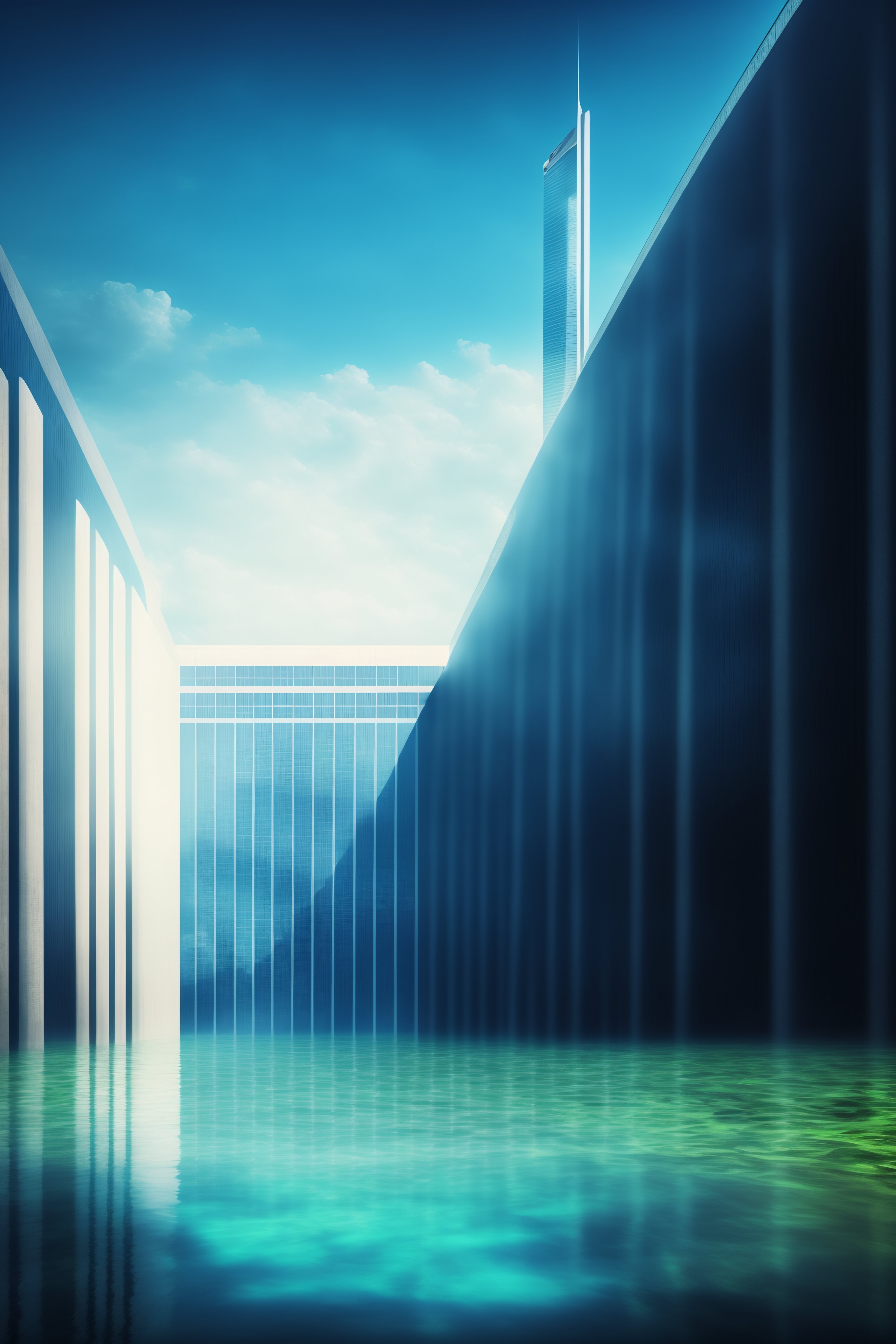 Lexica - Dam cracked, clear blue water flooding, flooded office ...