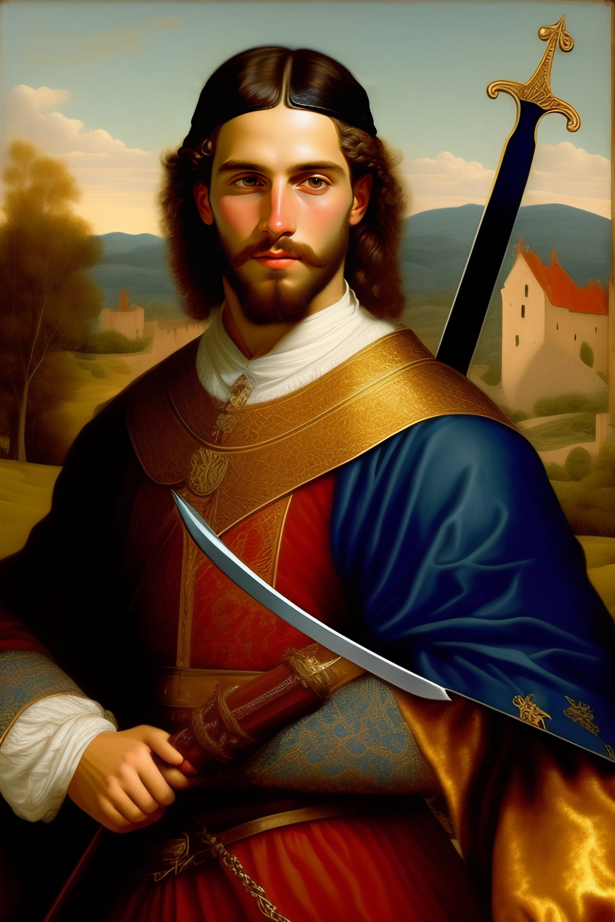 Lexica - Jacob Collins-Levy with sword in medieval style, detailed