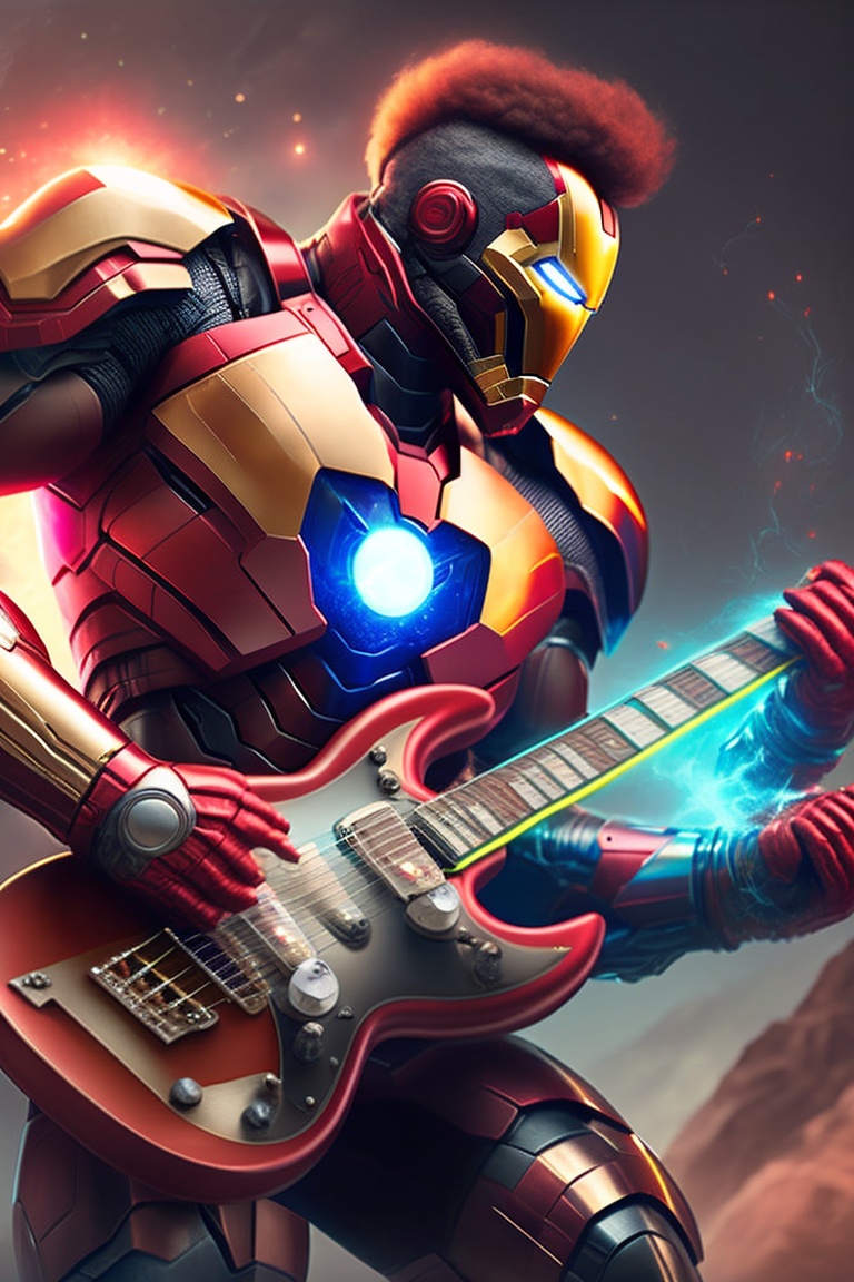 Lexica - Iron man, playing electric guitar, realistic image