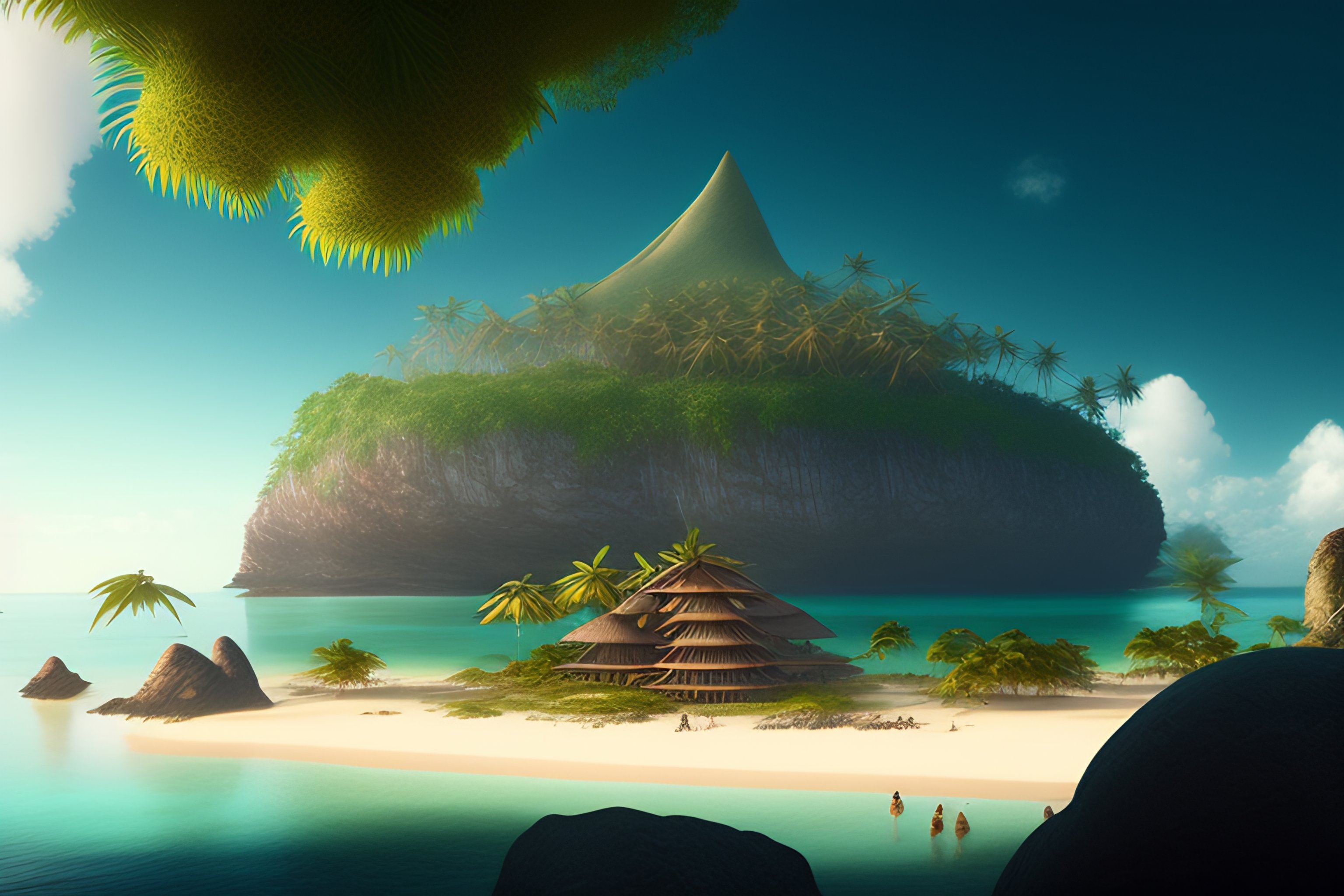 Lexica - Giant elven amerindian hut bamboo on tropical island beach ...