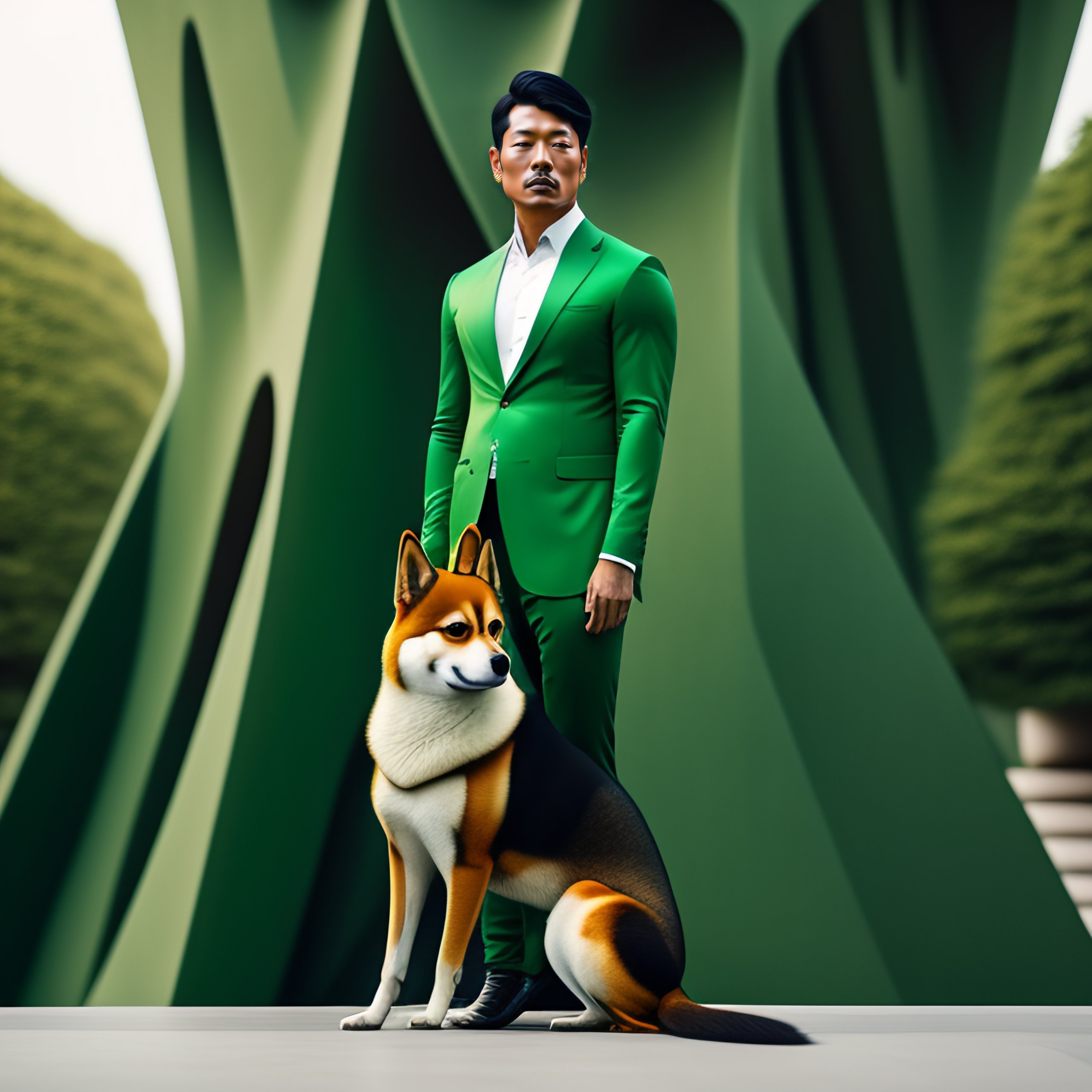 Lexica - Medium Shot of a standing shiba inu dressed in a fancy green ...