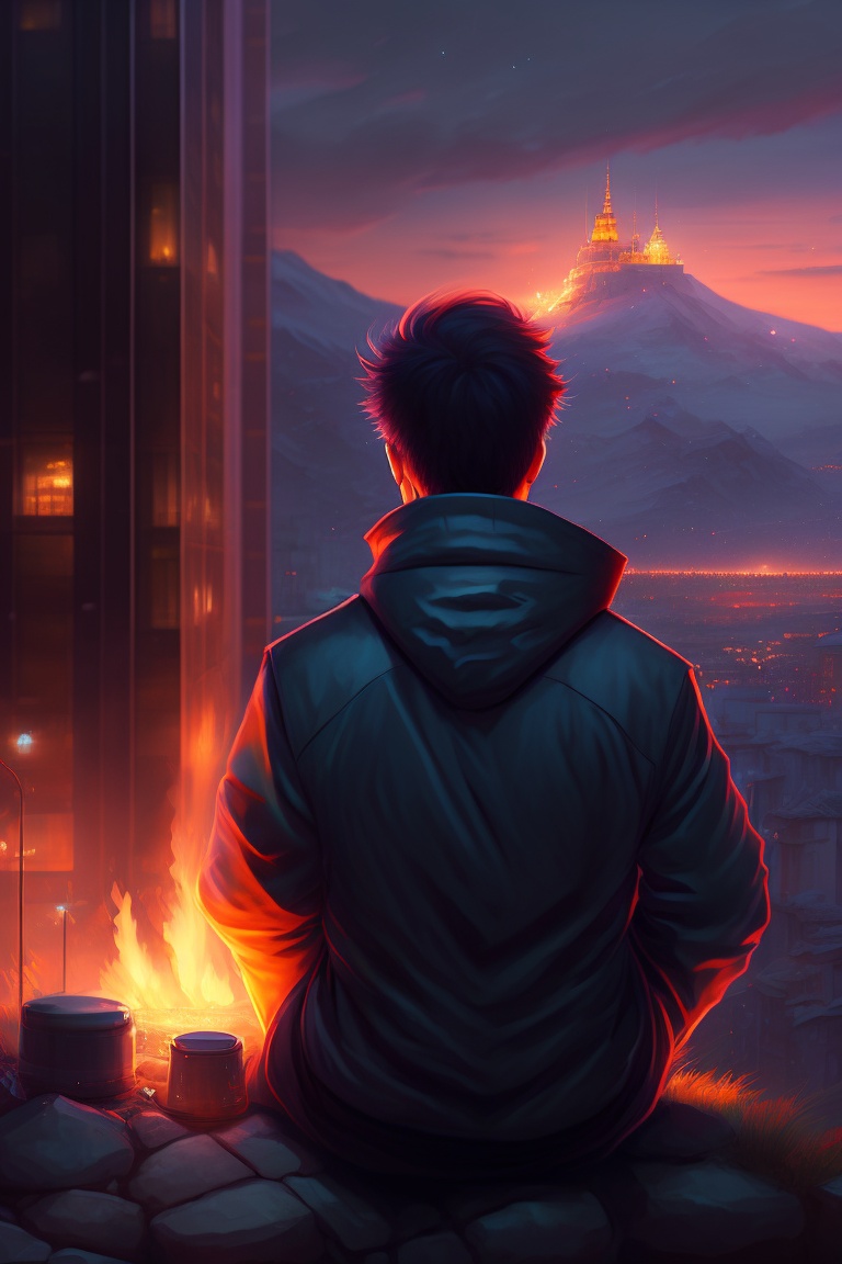 Lexica - Beautiful anime painting of back of a man from a far with dark ...