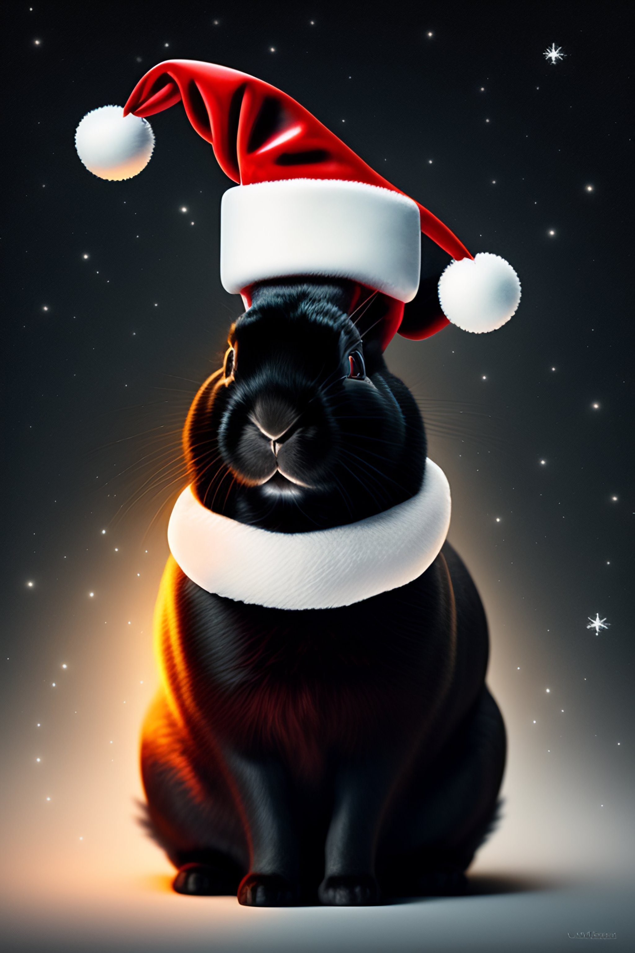 Lexica - Christmas, a black rabbit in a santa claus hat laughs