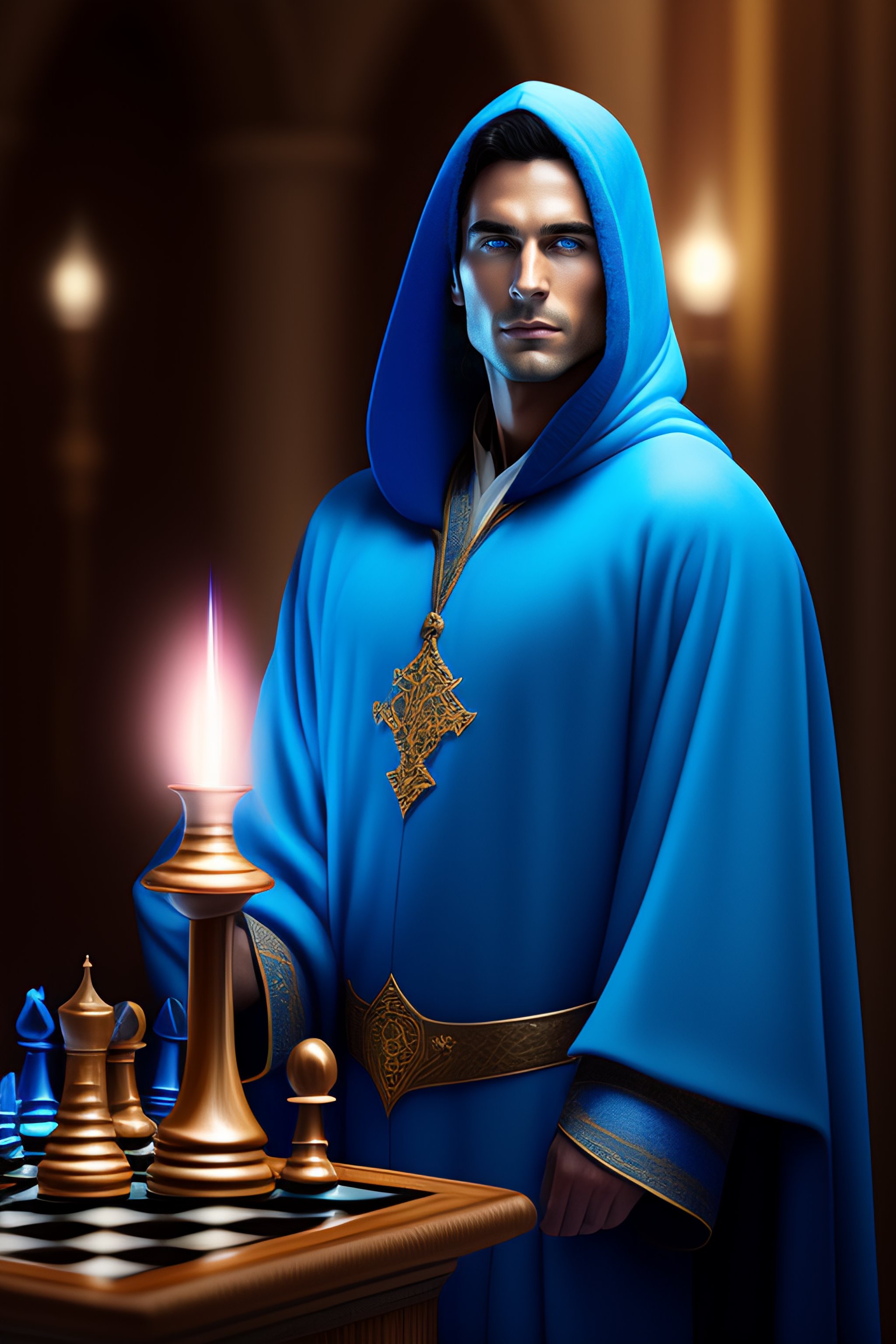Lexica - 32 age old beardless male wizard with blue robe and hoodie ...