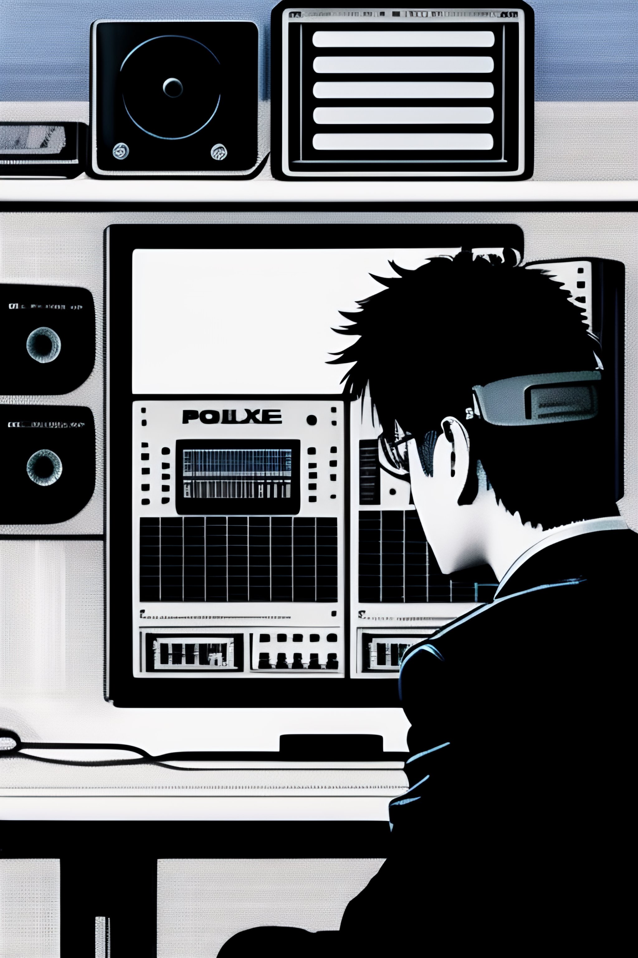 Lexica - A person sitting at a desk in front of a computer, an album ...