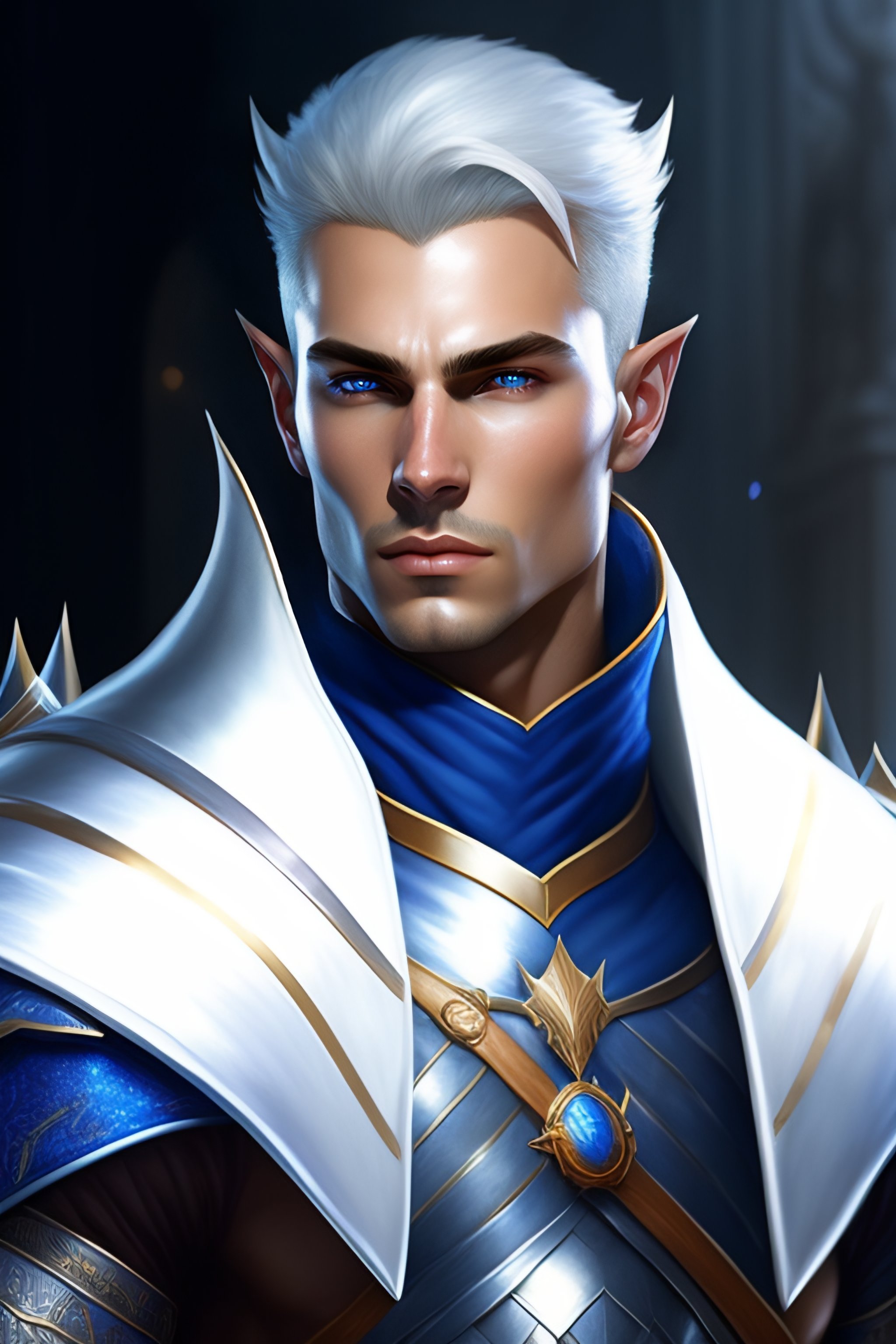 Lexica - Male elf, blue noble armor, white cape, prideful, silver hair ...
