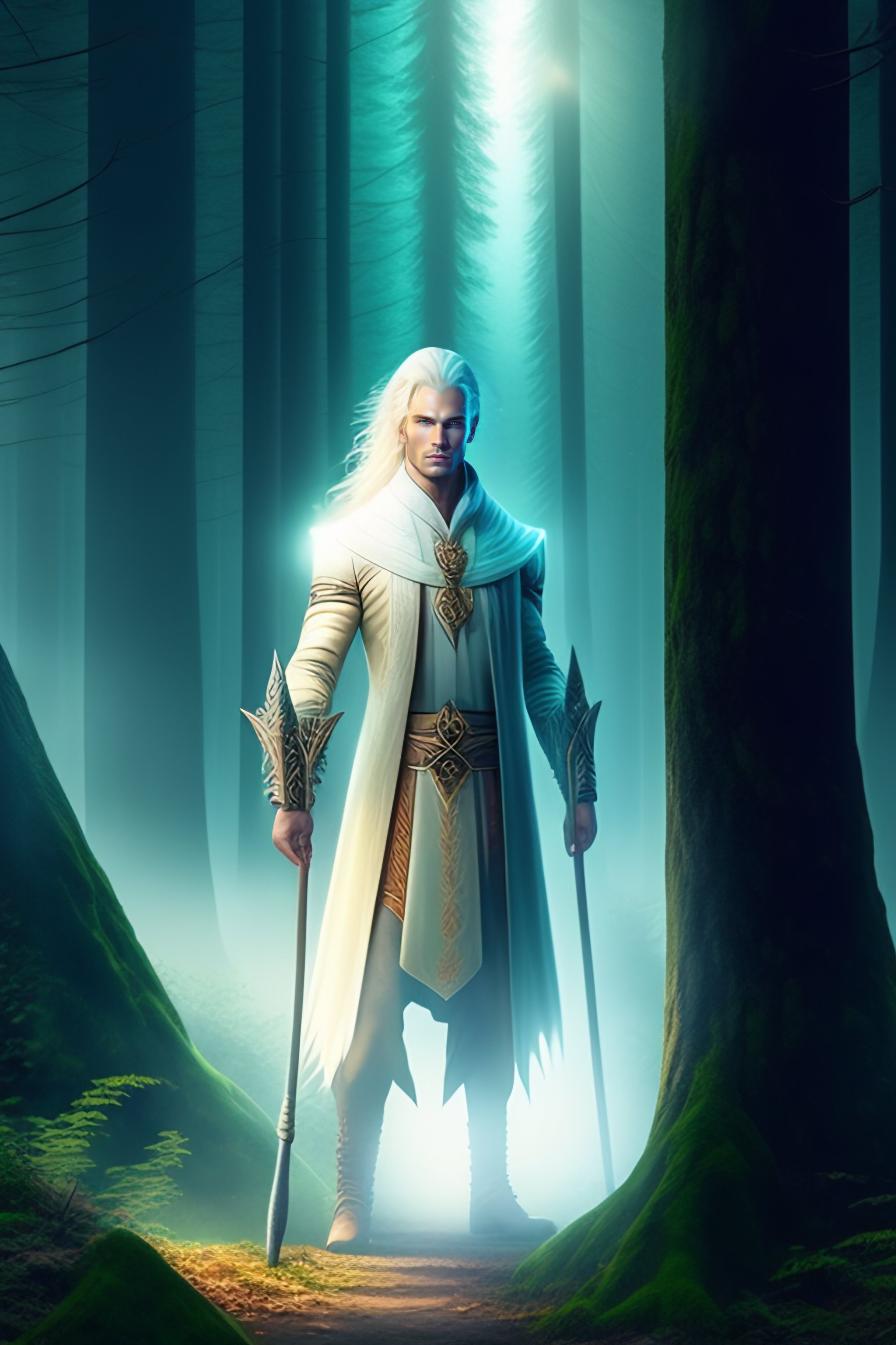 Lexica - A masculine blond wizard with pale skin inside the forest. He ...