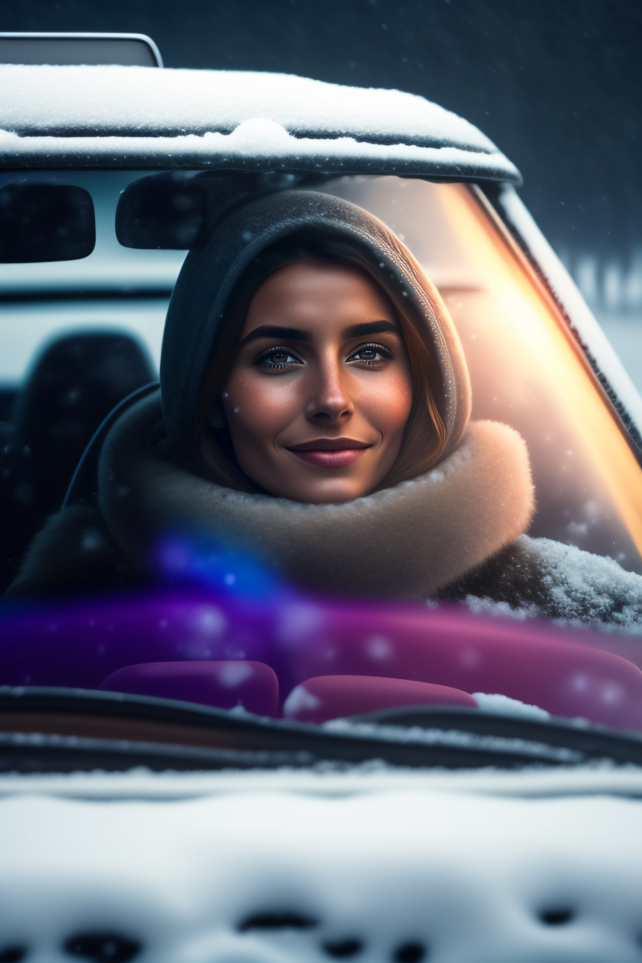 Lexica - A beautiful girl in the car, next to the Uzbek driver, rush along the highway, through ...