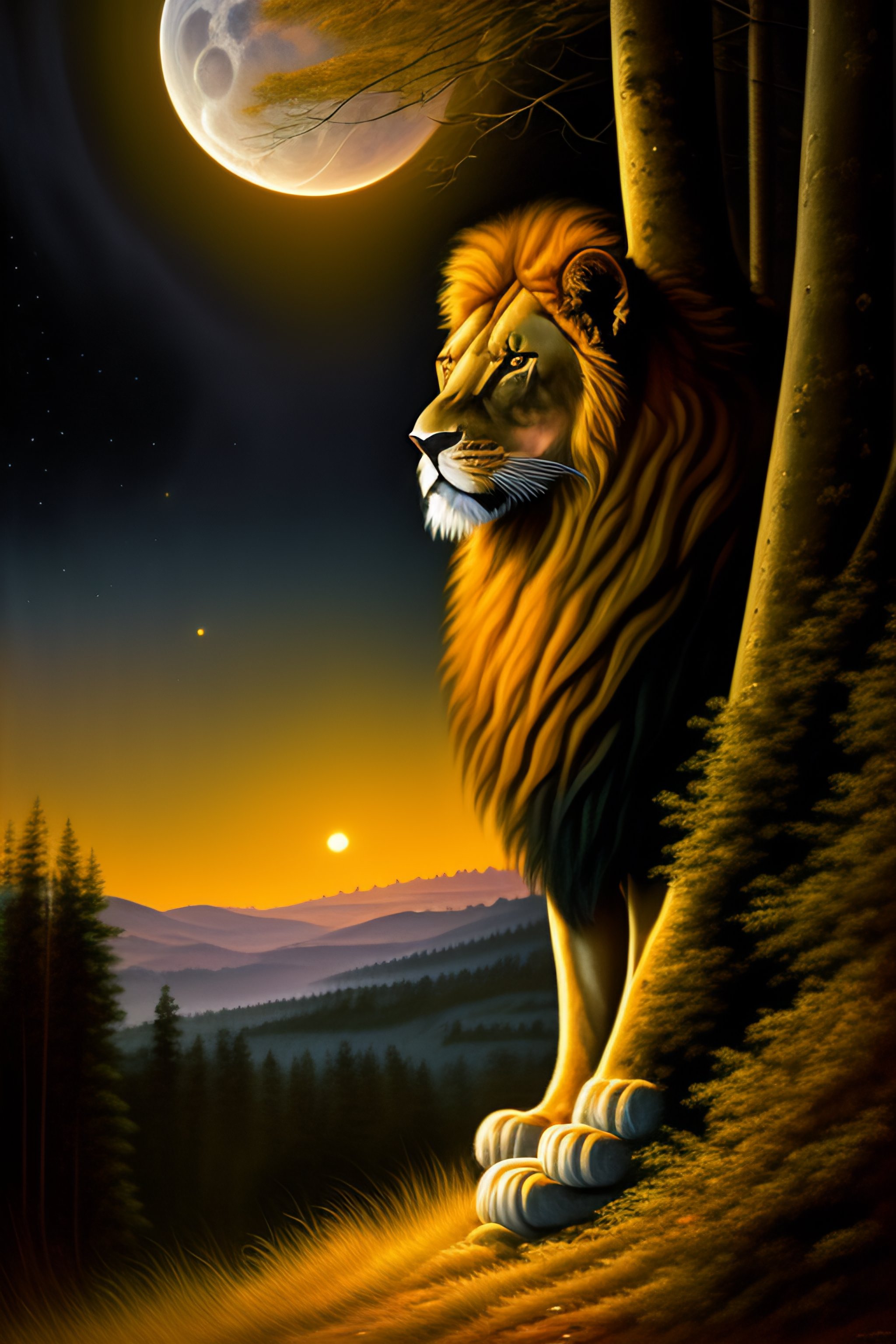 Lexica - Lion man and lycan on the hill, woods, night, fullmoon, realism