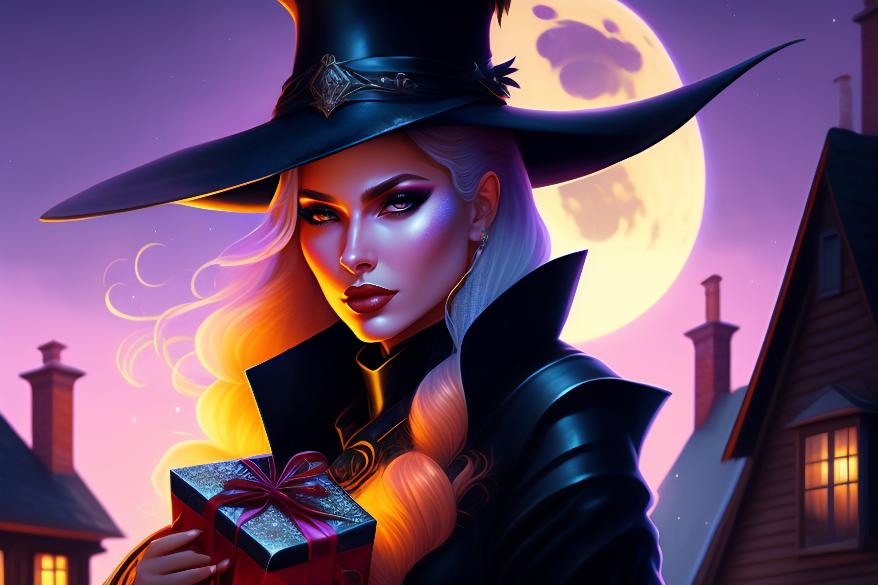 Lexica - Goth witch and a sitting on a roof with a bag of presents and ...