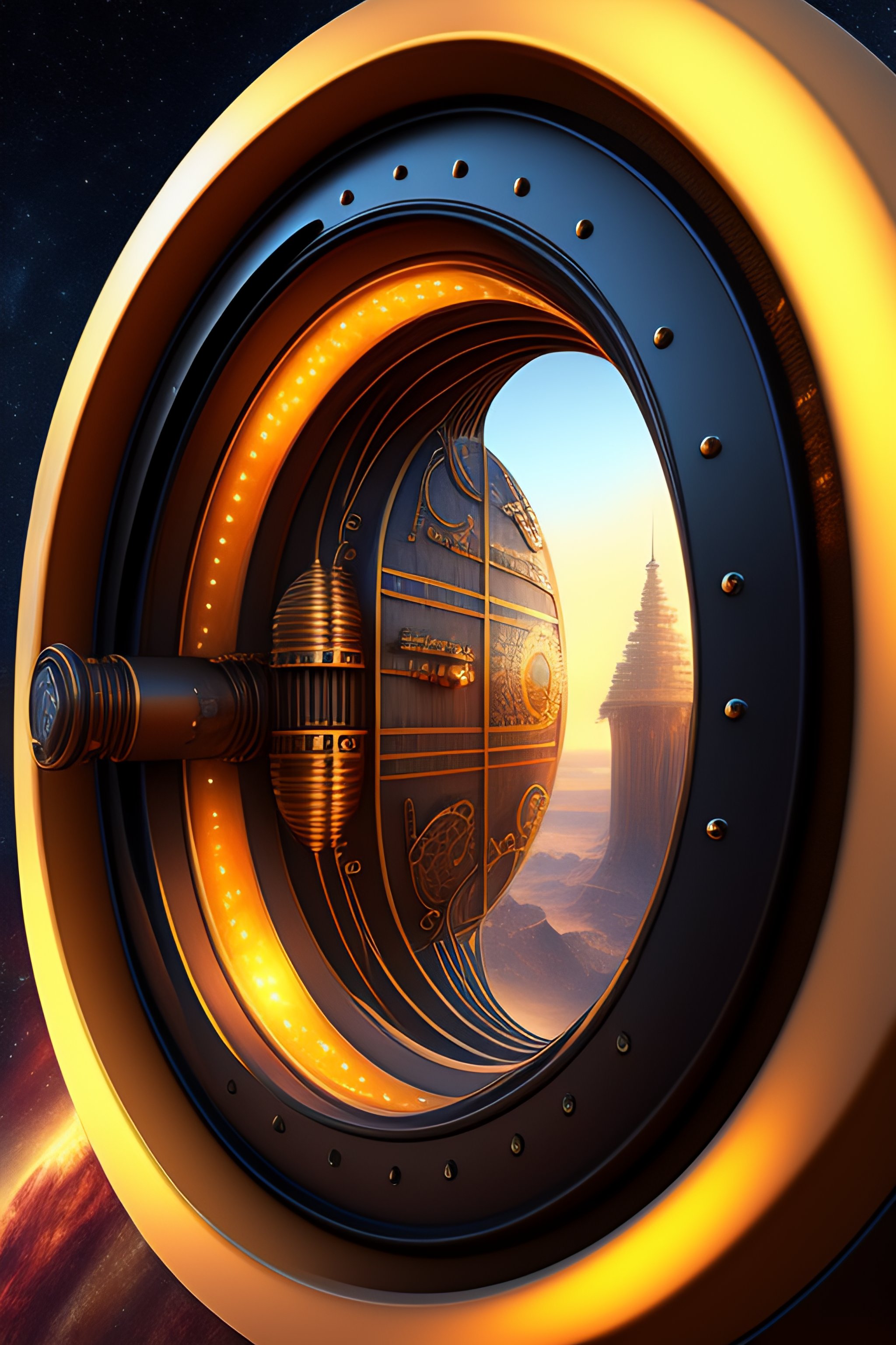 Lexica - A steampunk intergalactic portal with egld symbol in the middle