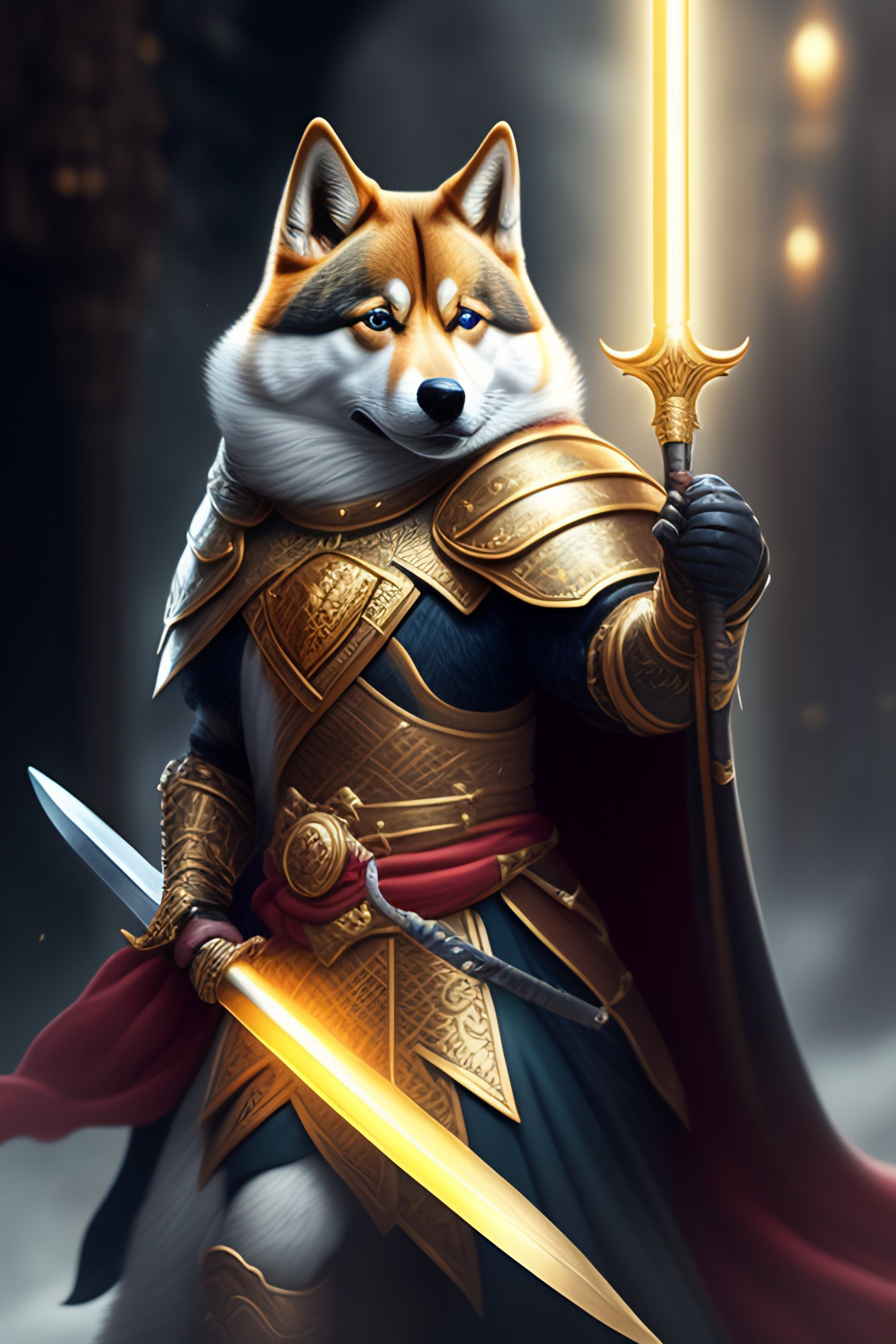 Lexica - A Doge Warrior holding a magic sword.