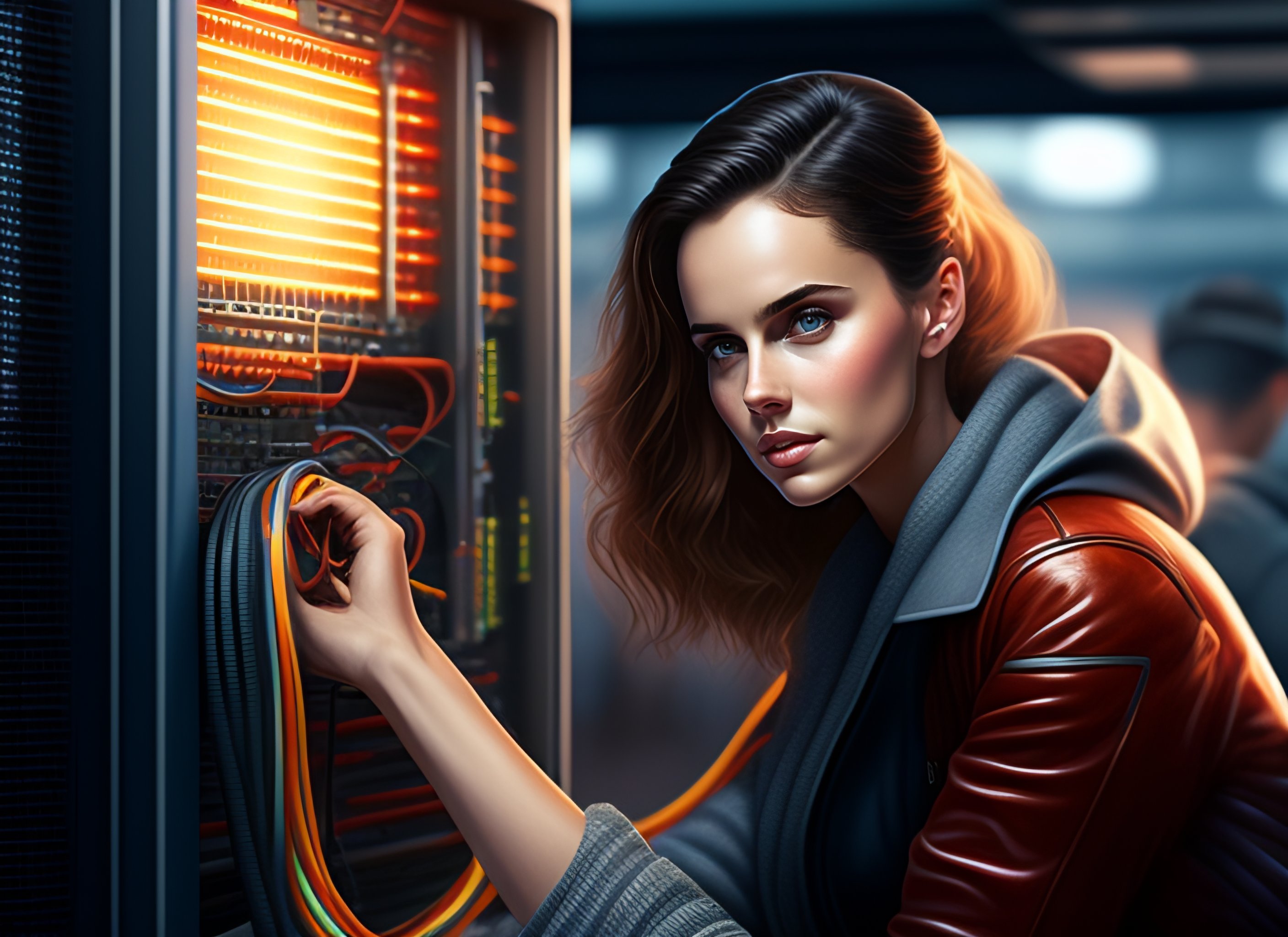 Lexica - Illustration an it guy who is plugging a girl through cables ...